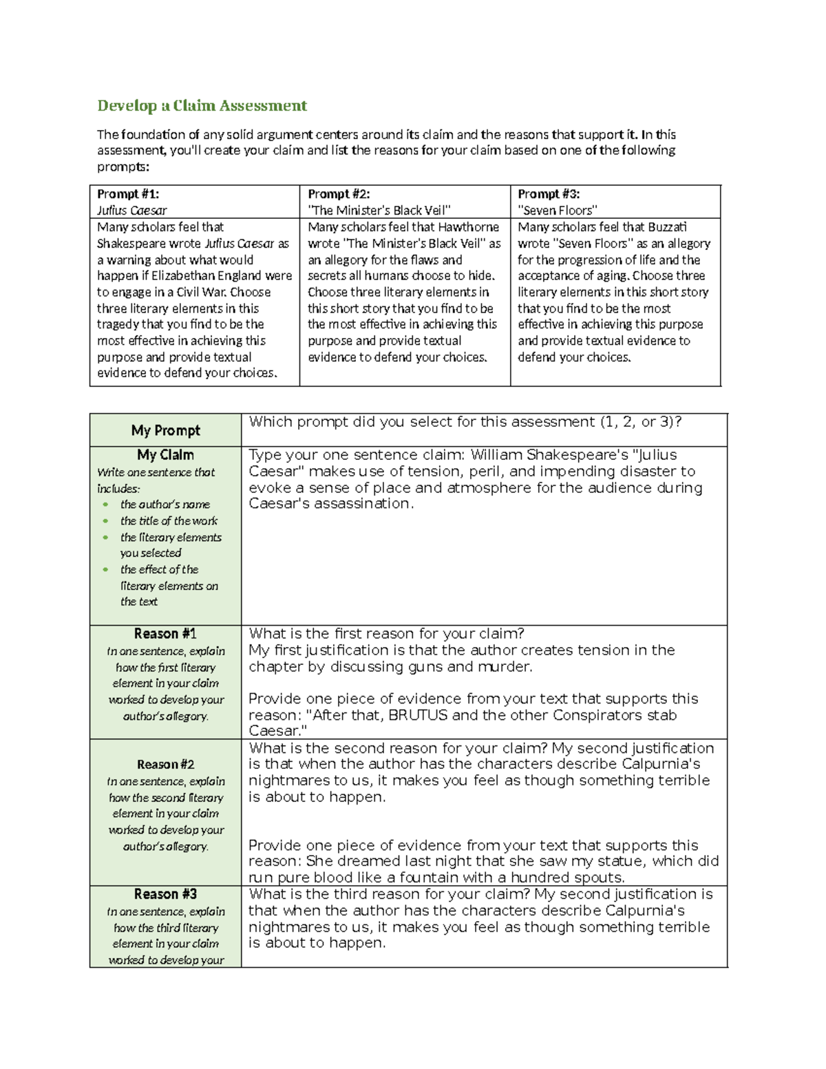 Develop a claim assess rubric - Develop a Claim Assessment The ...