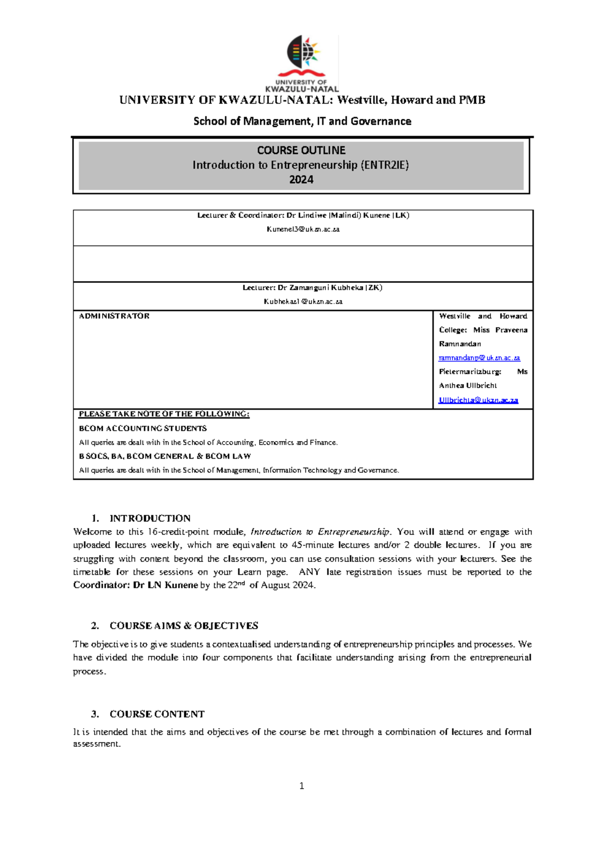 ENTR2IE Course Outline 2024 - UNIVERSITY OF KWAZULU-NATAL: Westville ...