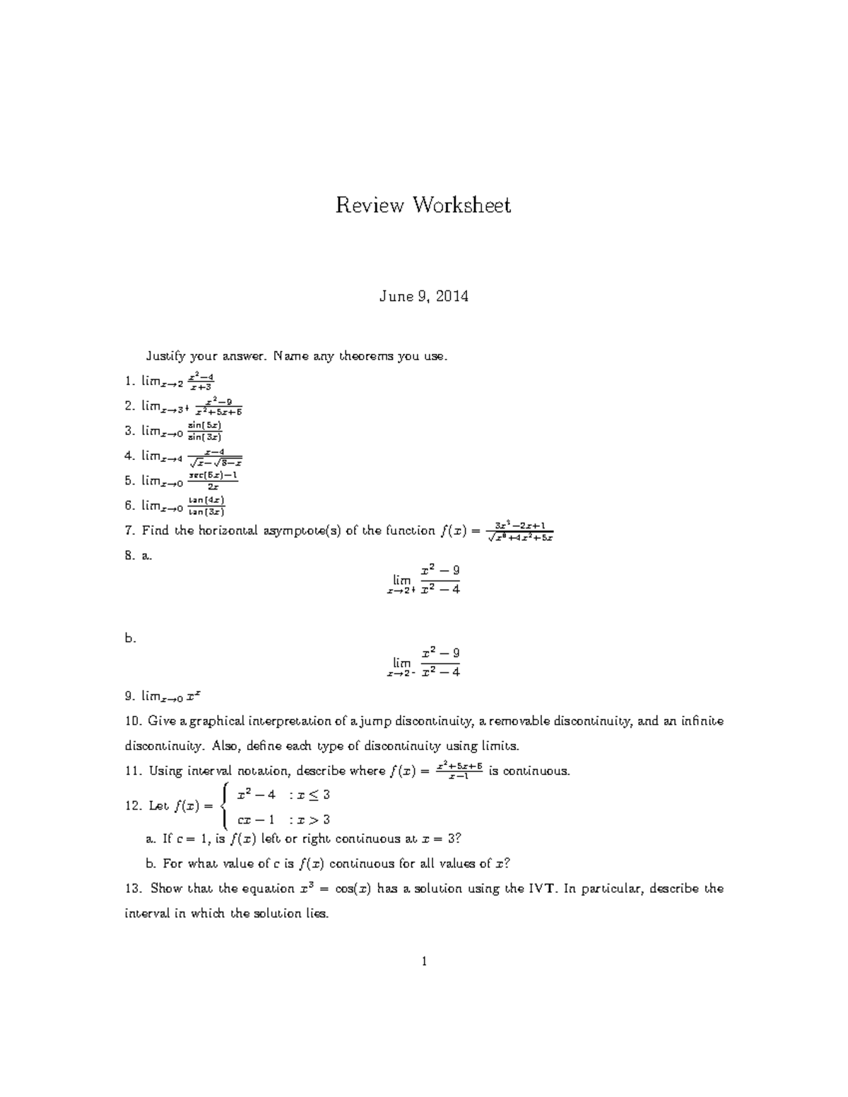 Review Worksheet - Summary Calculus For Science, Engineering, And ...