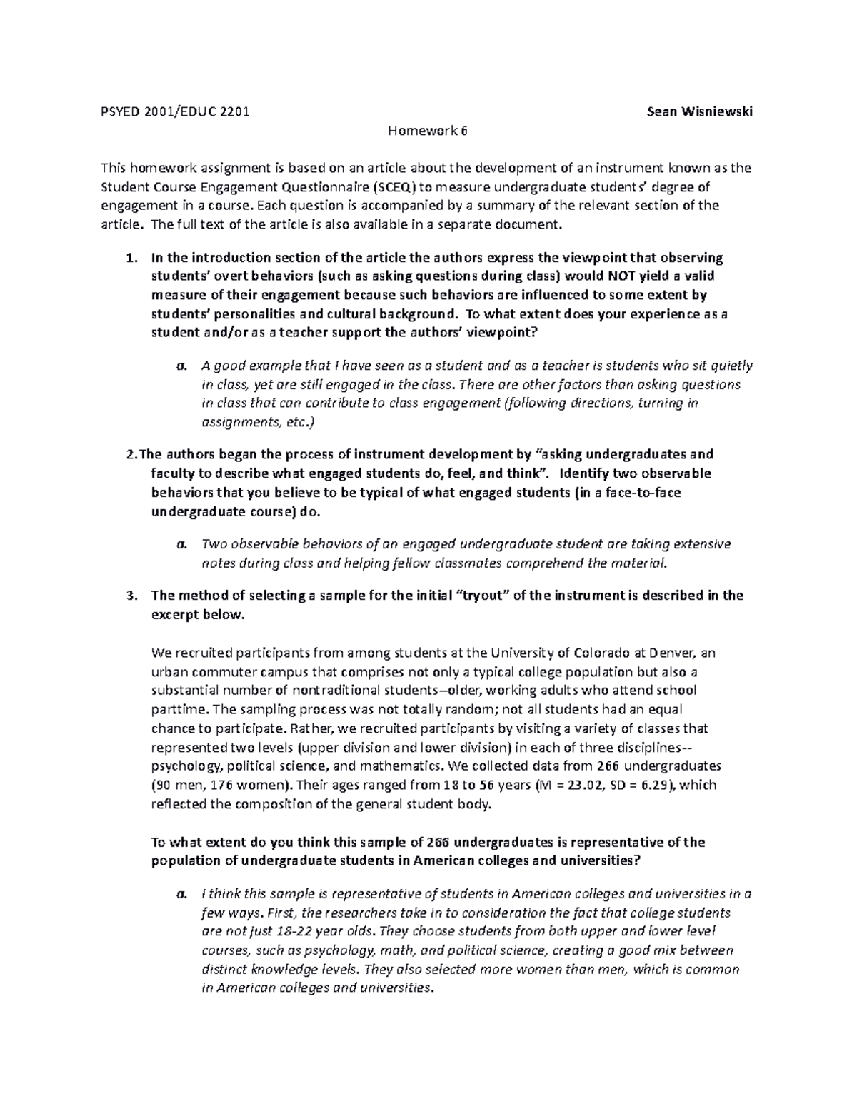 Homework 6 - Student Course Engagement Questionnaire - PSYED 2001/EDUC 2201 Sean Wisniewski ...