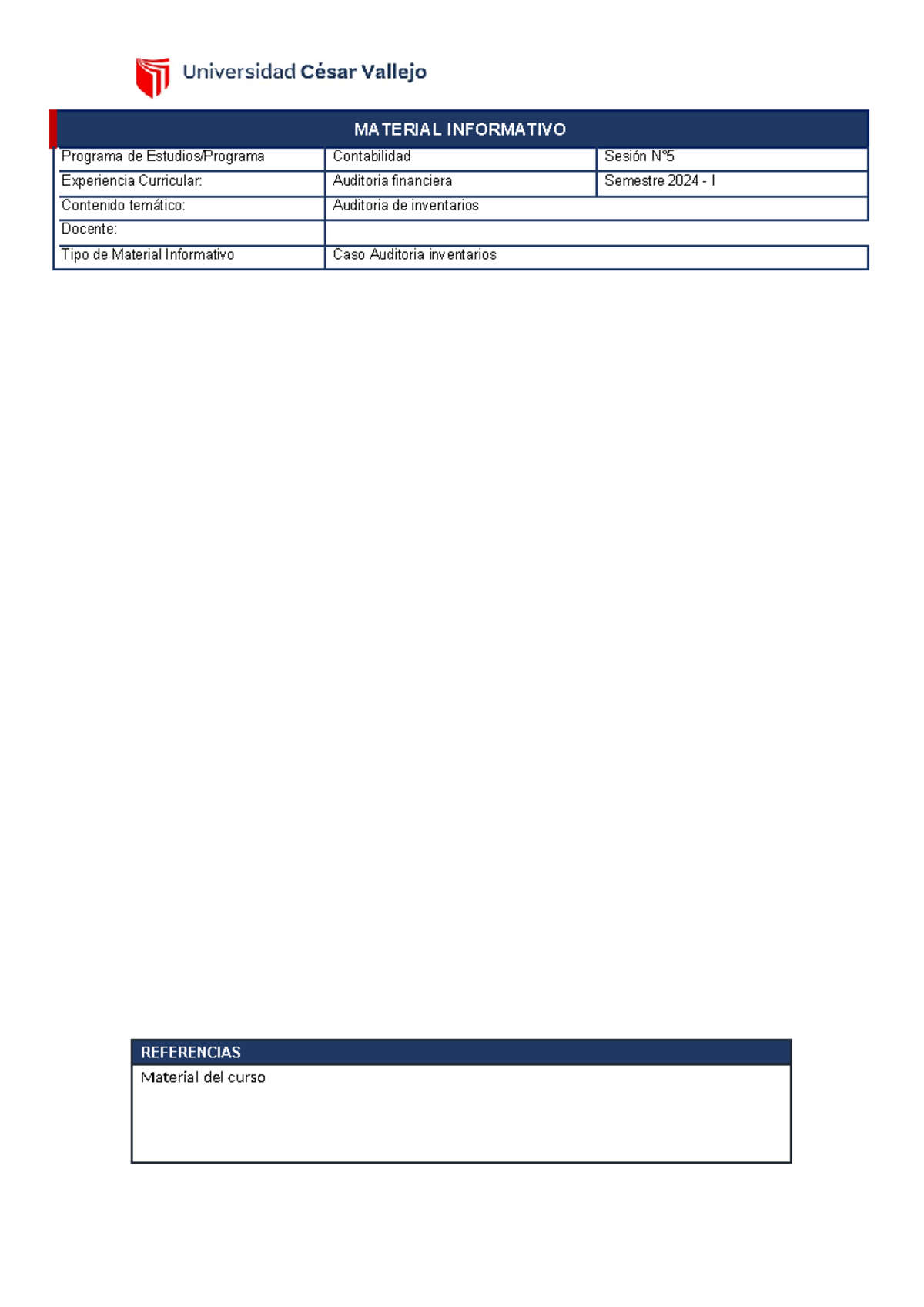 Sesión 5 Caso práctico Auditoria DE Inventarios - MATERIAL INFORMATIVO Programa de Estudios ...