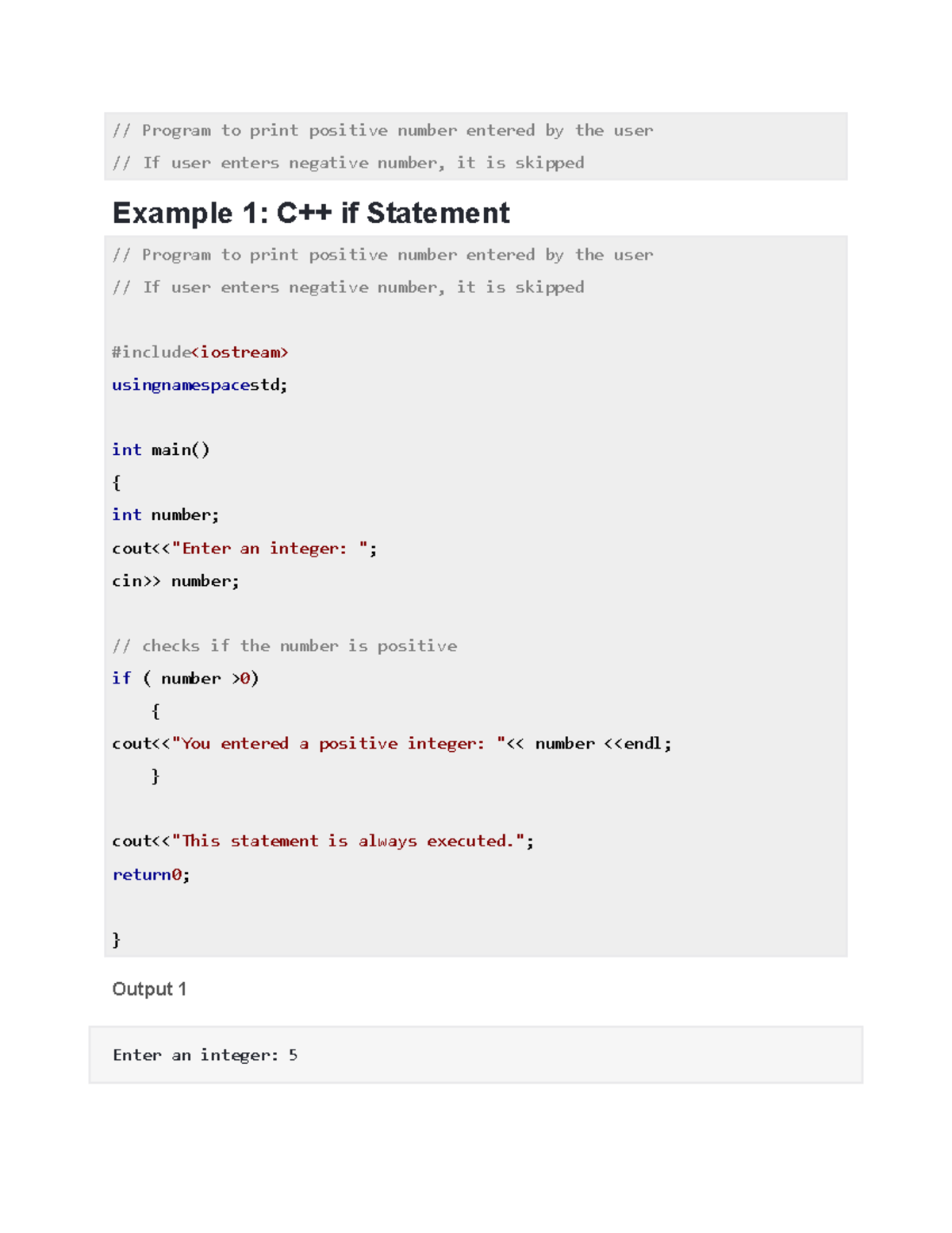 Assignment 1 for reading - // Program to print positive number entered ...