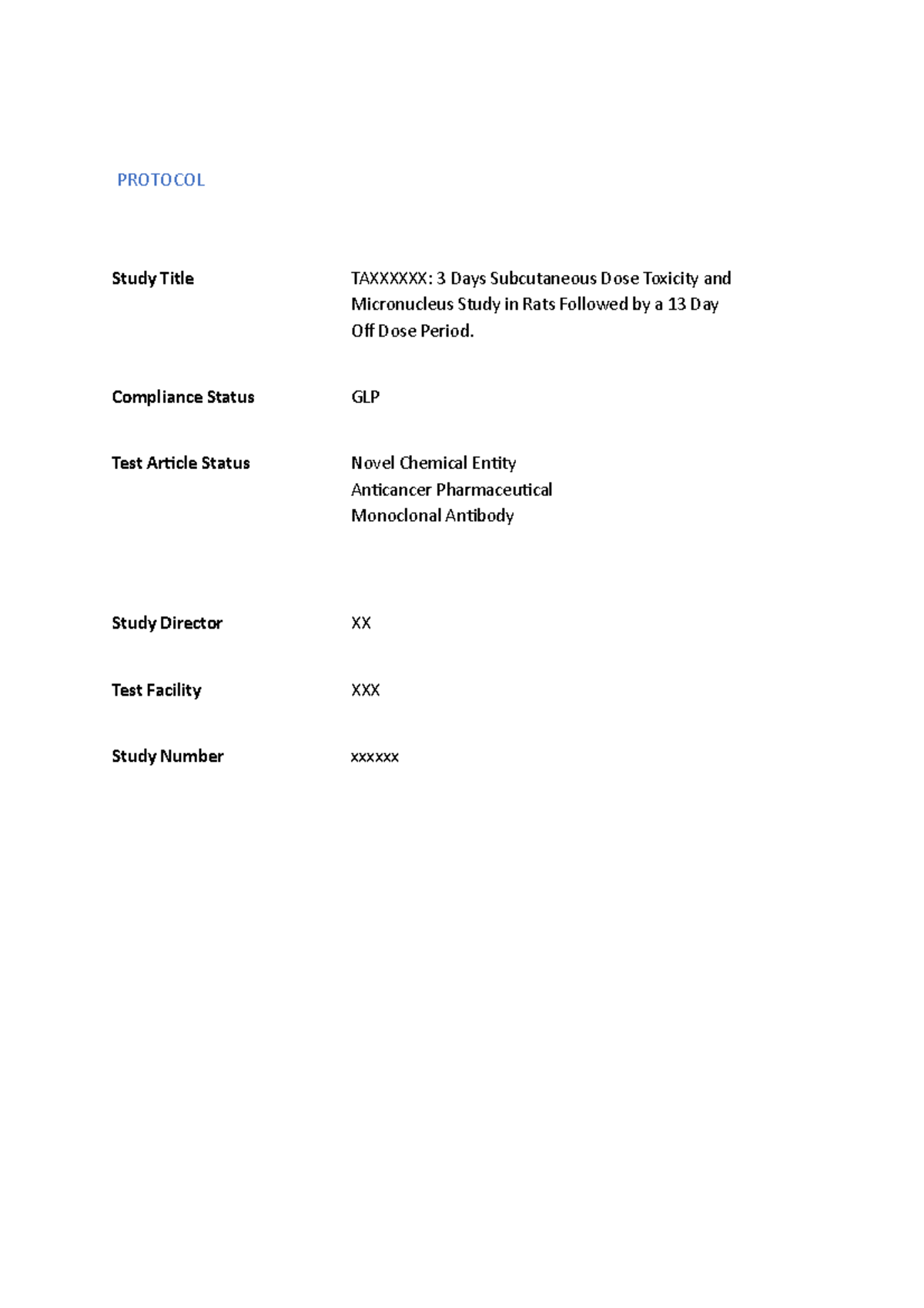 Protocol - Lecture notes 5 - PROTOCOL Study Title TAXXXXXX: 3 Days ...