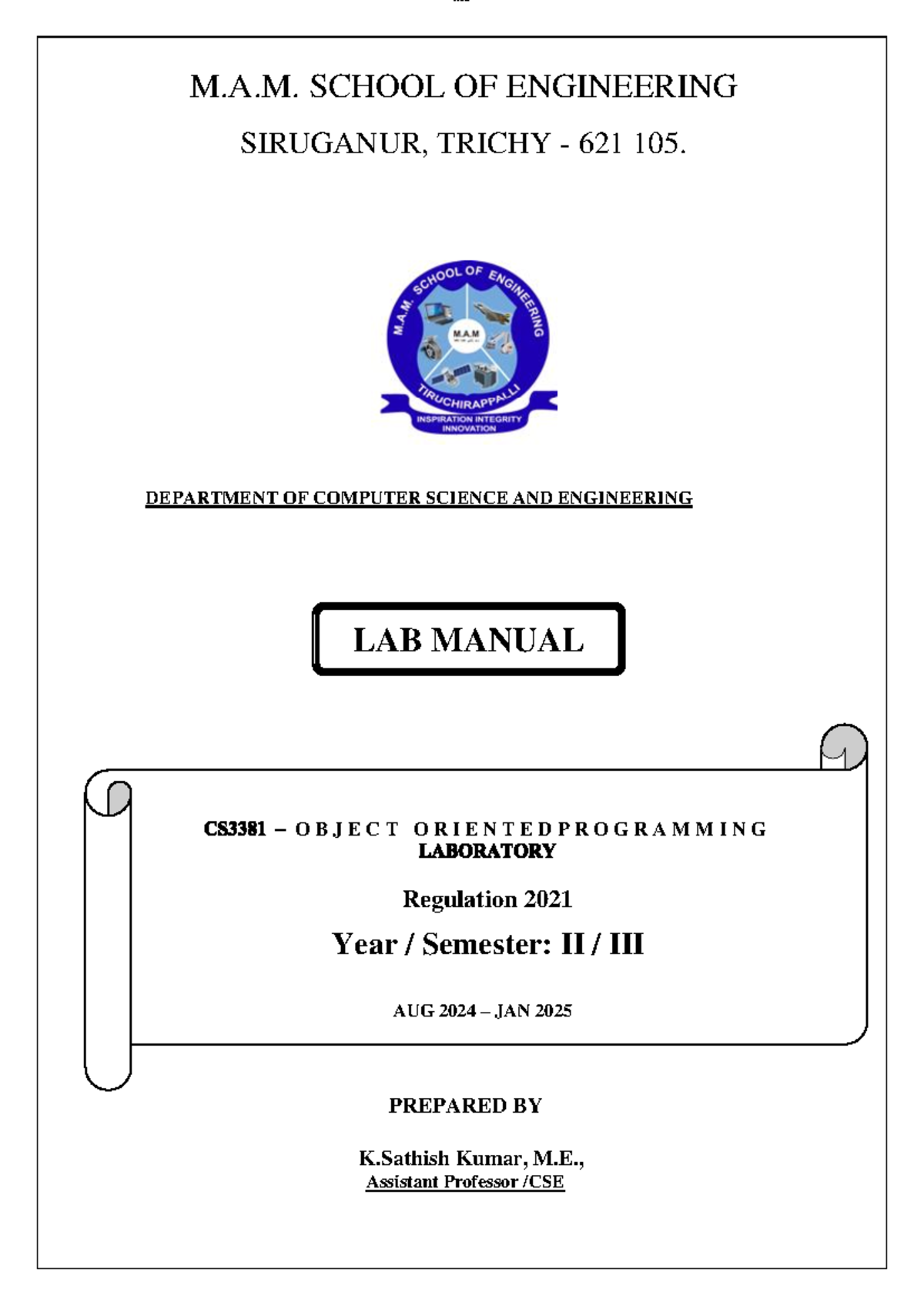 CS3381- OOPS LAB Manual Final - O B J E C T O R I E N T E D P R O G R A M M I N G Regulation ...