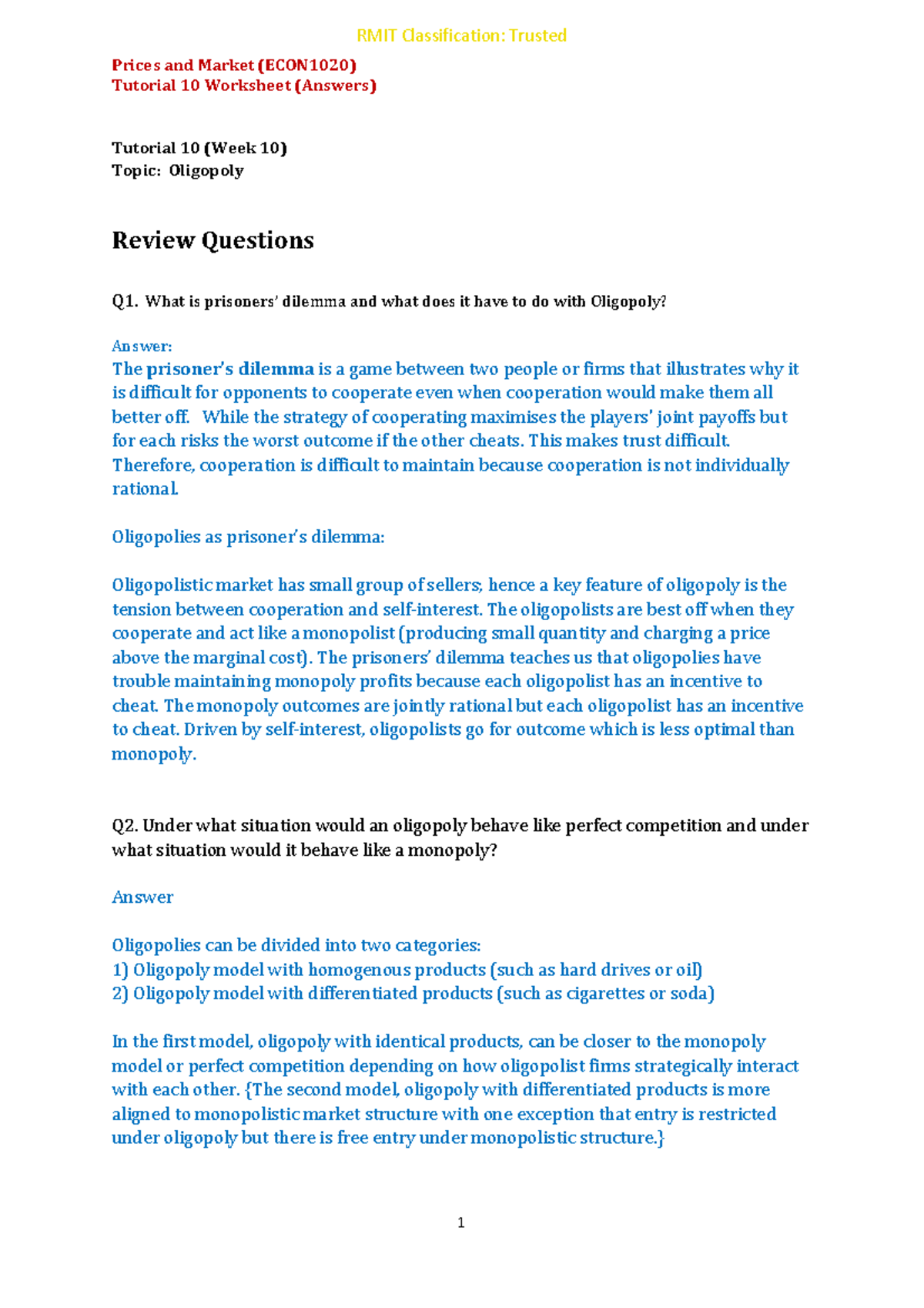 Tutorial Week 10 Answers - Prices and Market (ECON1020) Tutorial 10 ...