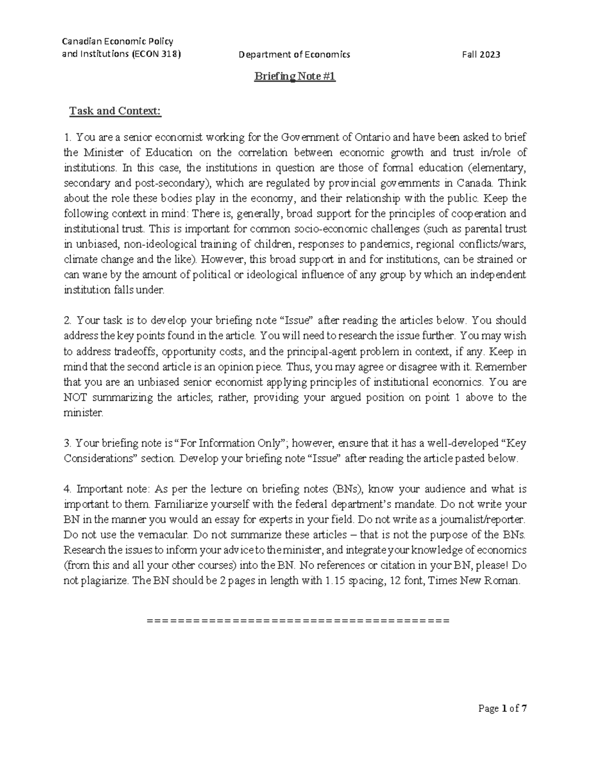 Briefing Note Article #1 Fall 2023 ECON 318 - and Institutions (ECON ...