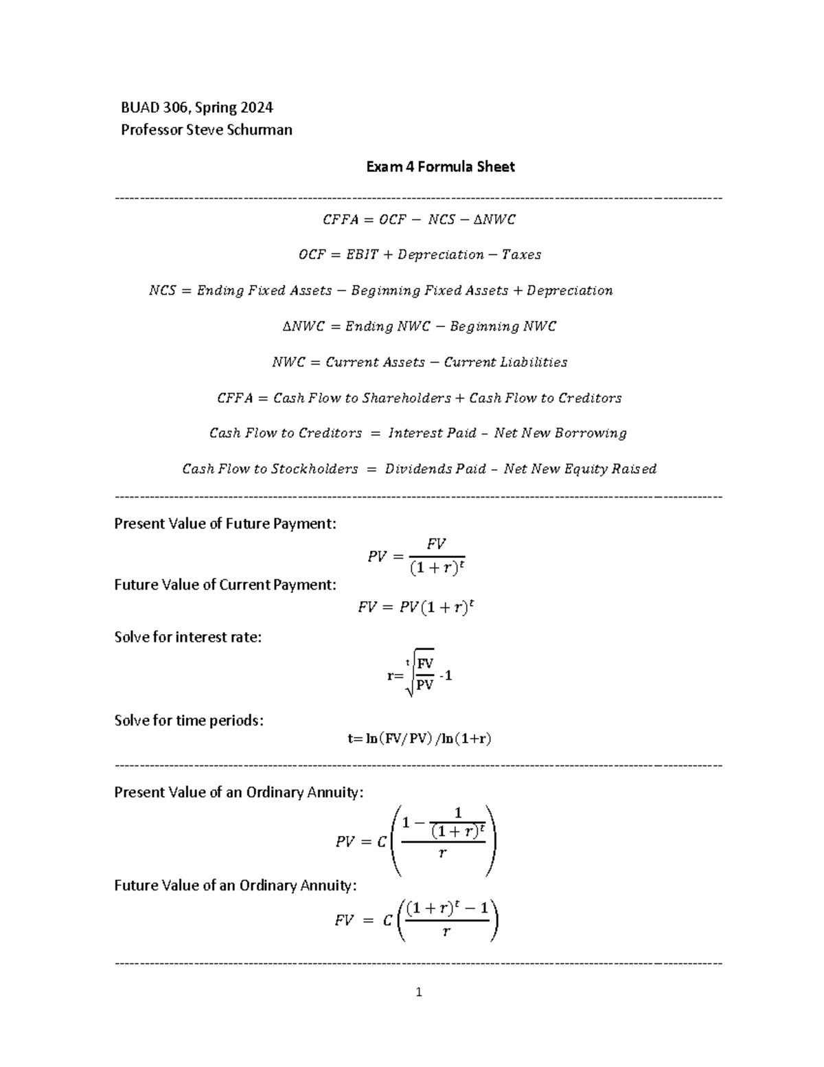 Final Exam Formula Sheet - BUAD 306, Spring 2024 Professor Steve ...