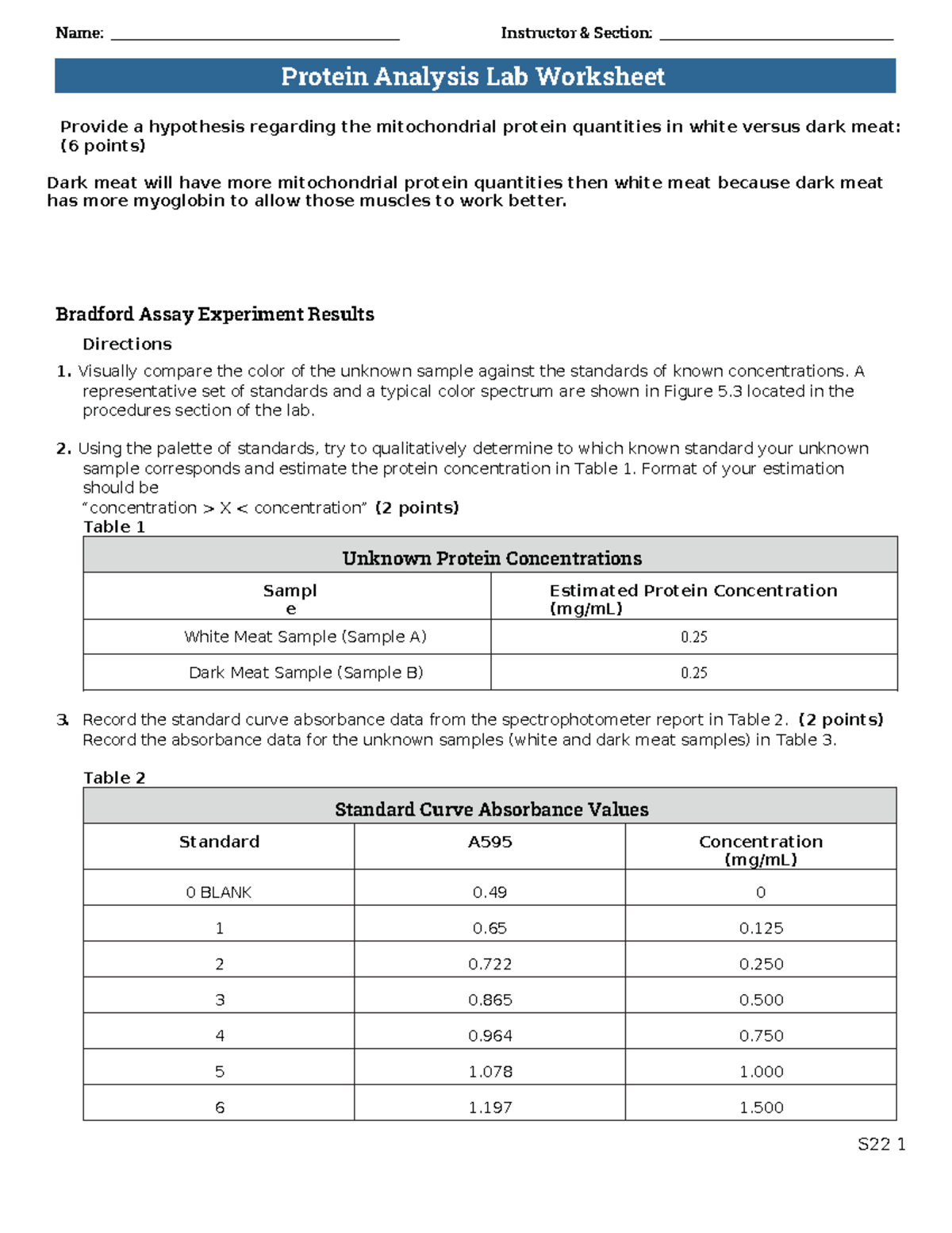 5 Protein Analysis Worksheet S22 - Name: Instructor & Section: Protein ...