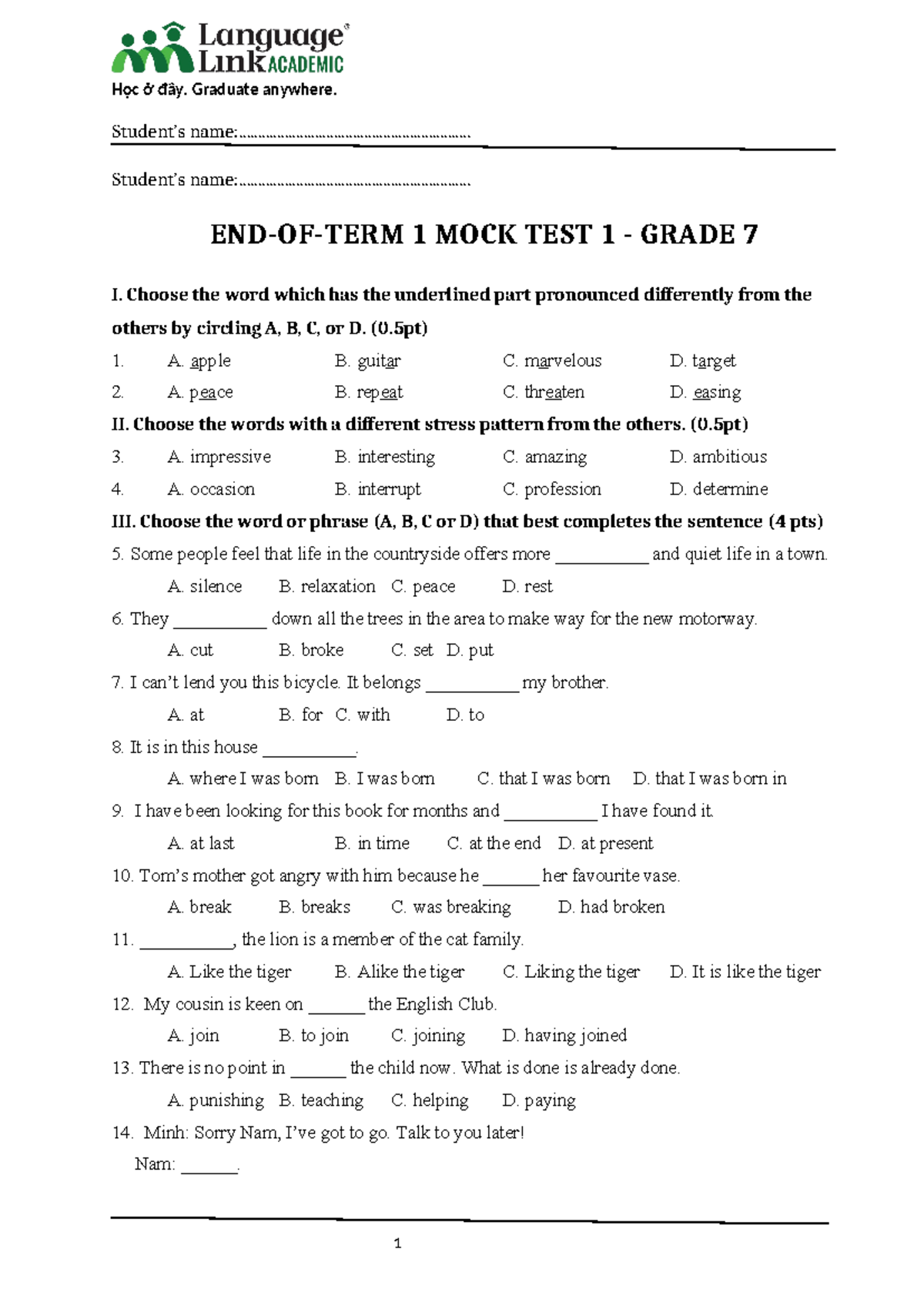 Grade 7 Test 2 - Tổng ôn kiến thức - Student’s - Studocu