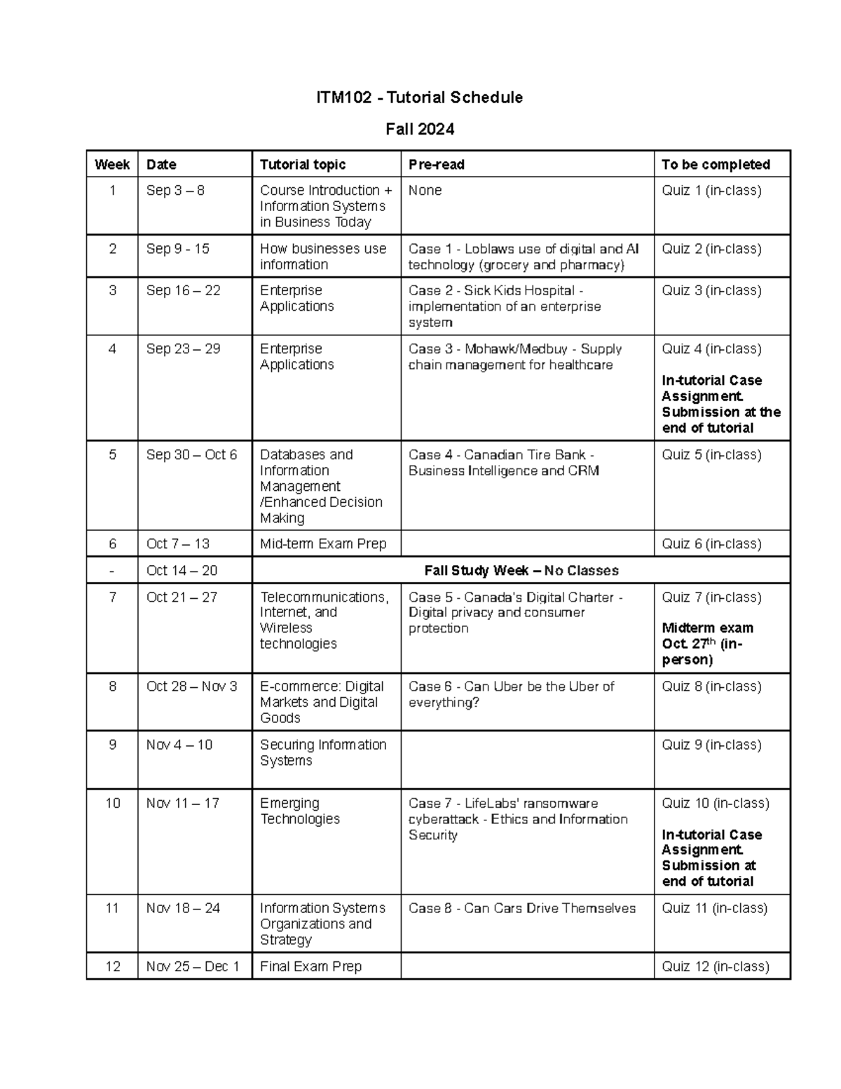 ITM102 - Tutorial Schedule - F24 - Updated - ITM10 2 - Tutorial Schedule Fall 2024 Week Date ...