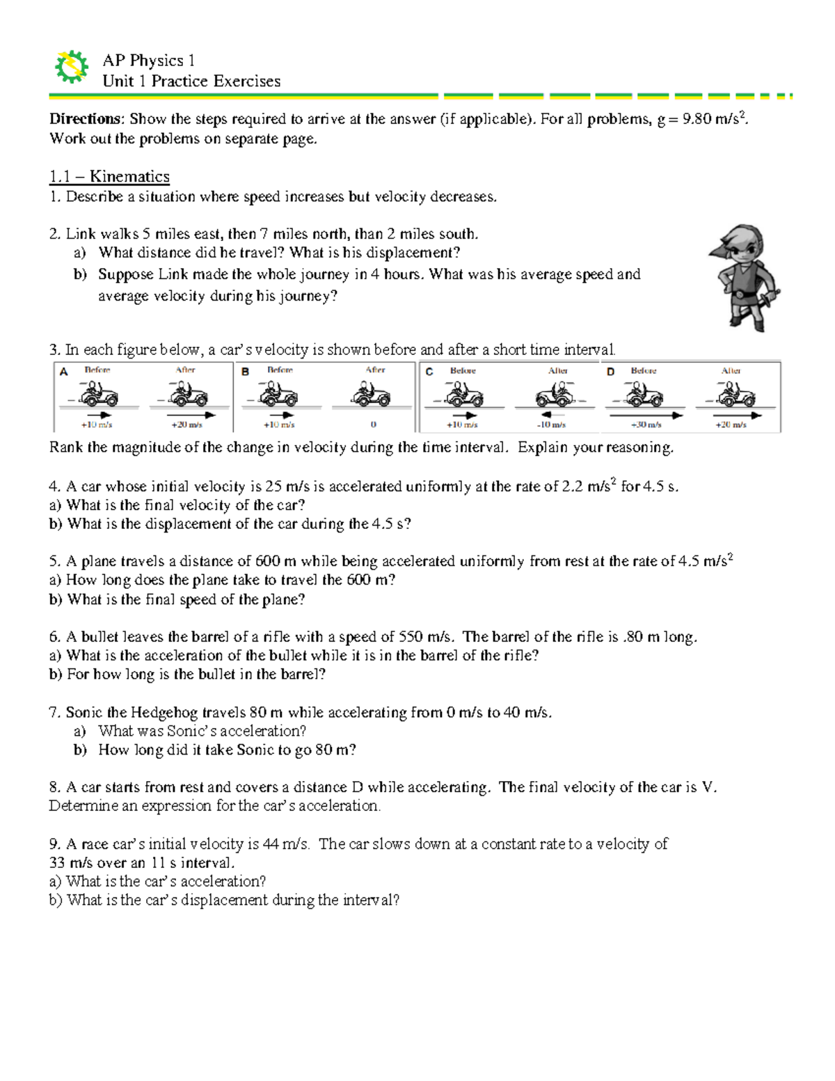 Unit 1 Exercises - AP Physics 1 Unit 1 Practice Exercises Directions ...