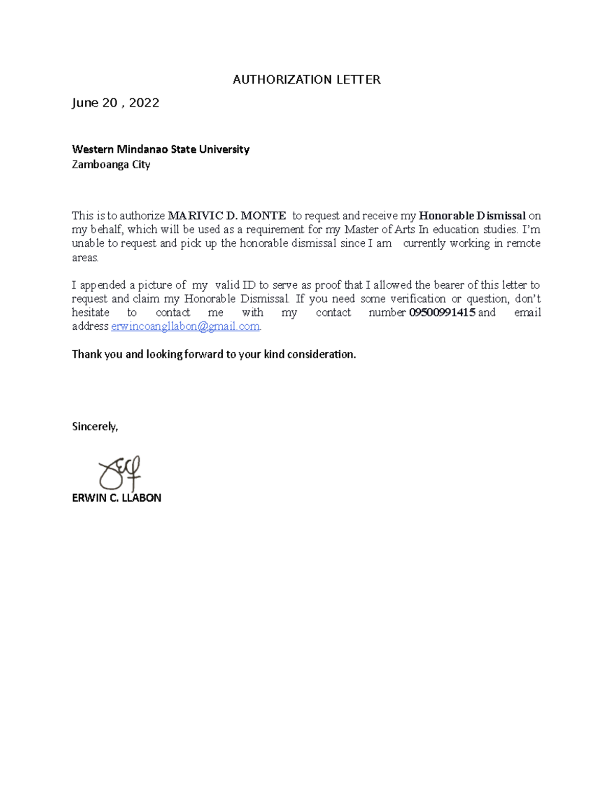 Authorization Letter AUTHORIZATION LETTER June 20 2022 Western