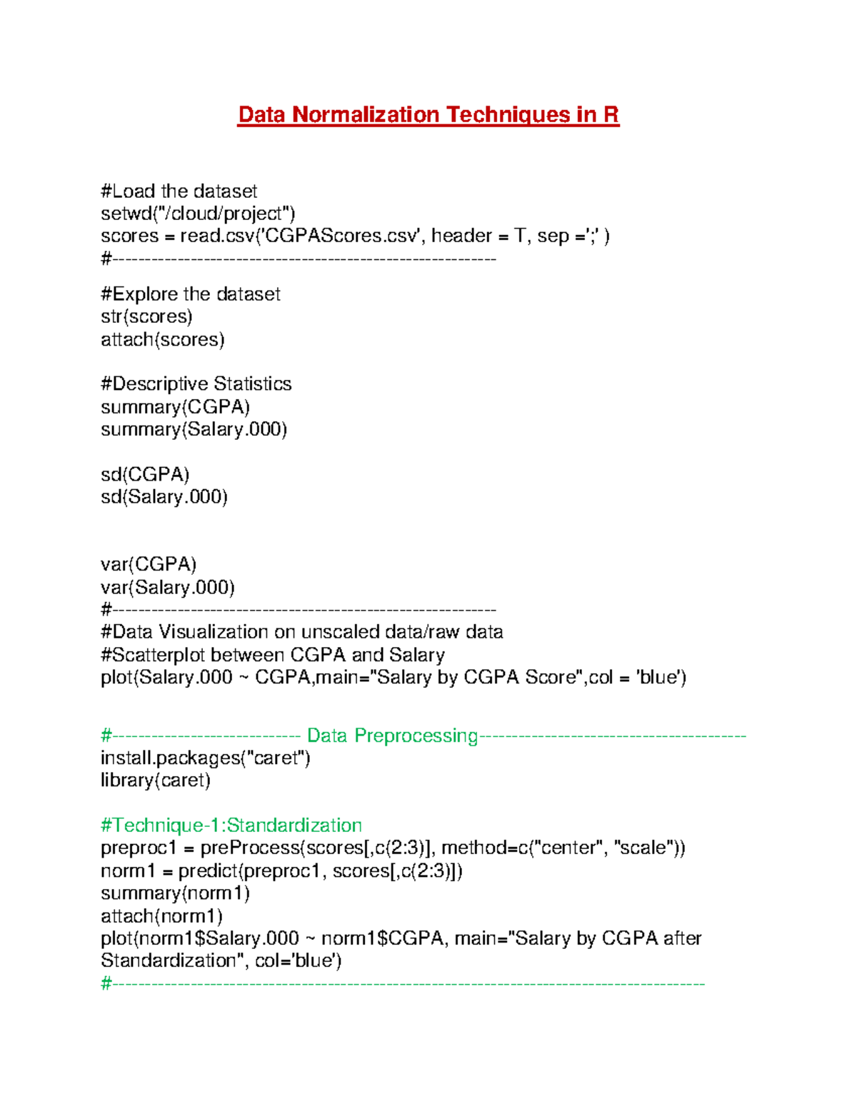 Data Normalization Techniques In R Error Std Calculate T Statistic Tvalue