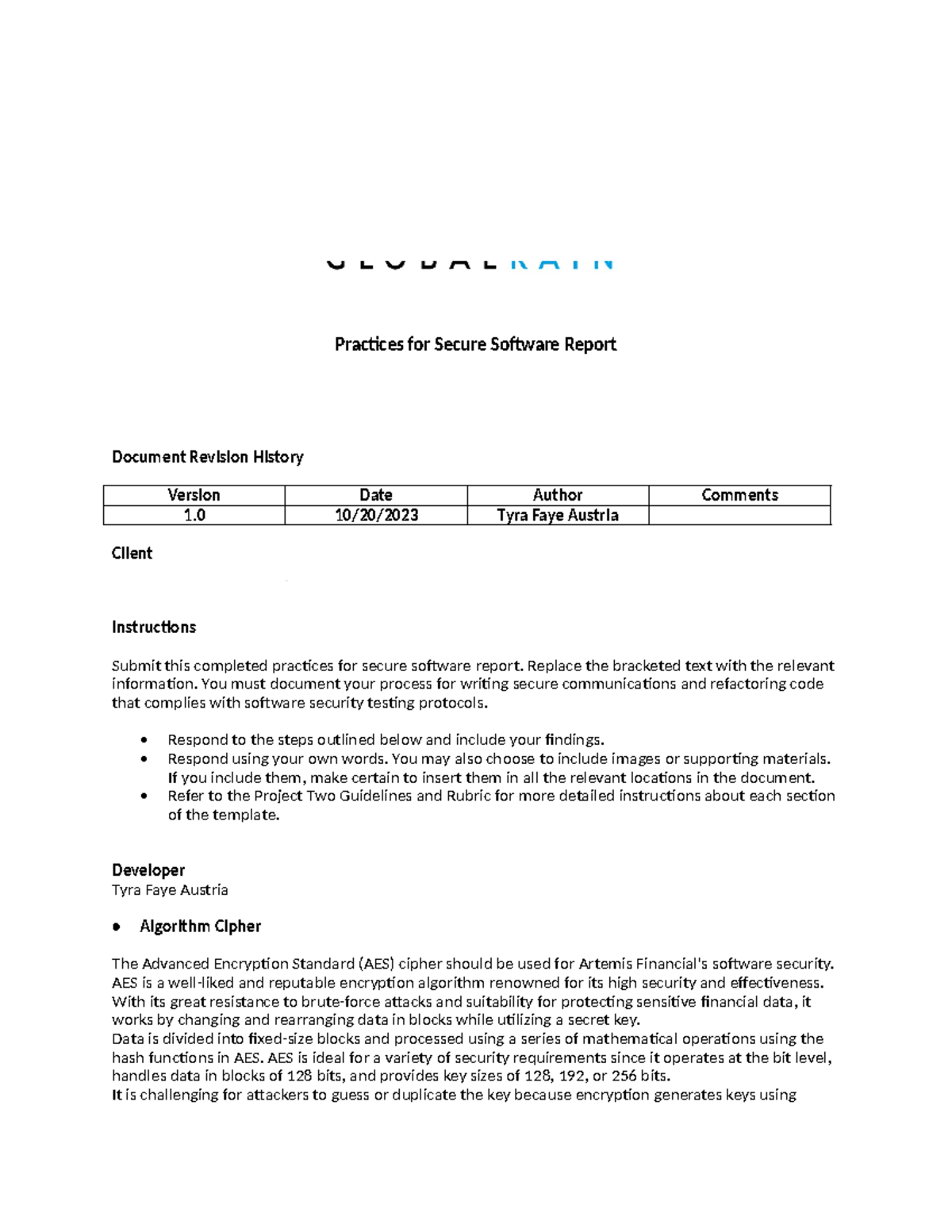 CS 305 Project Two (2) - work - Practices for Secure Software Report Document Revision History ...