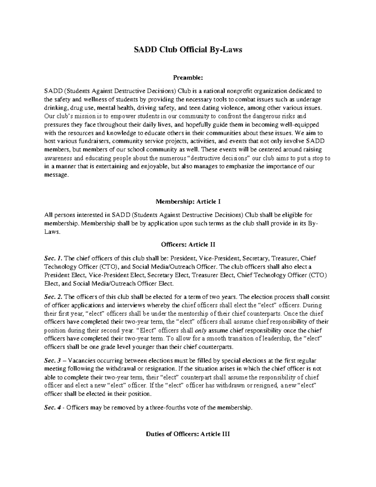 SADD Club By-Laws Lolhs - SADD Club Official By-Laws Preamble: SADD ...