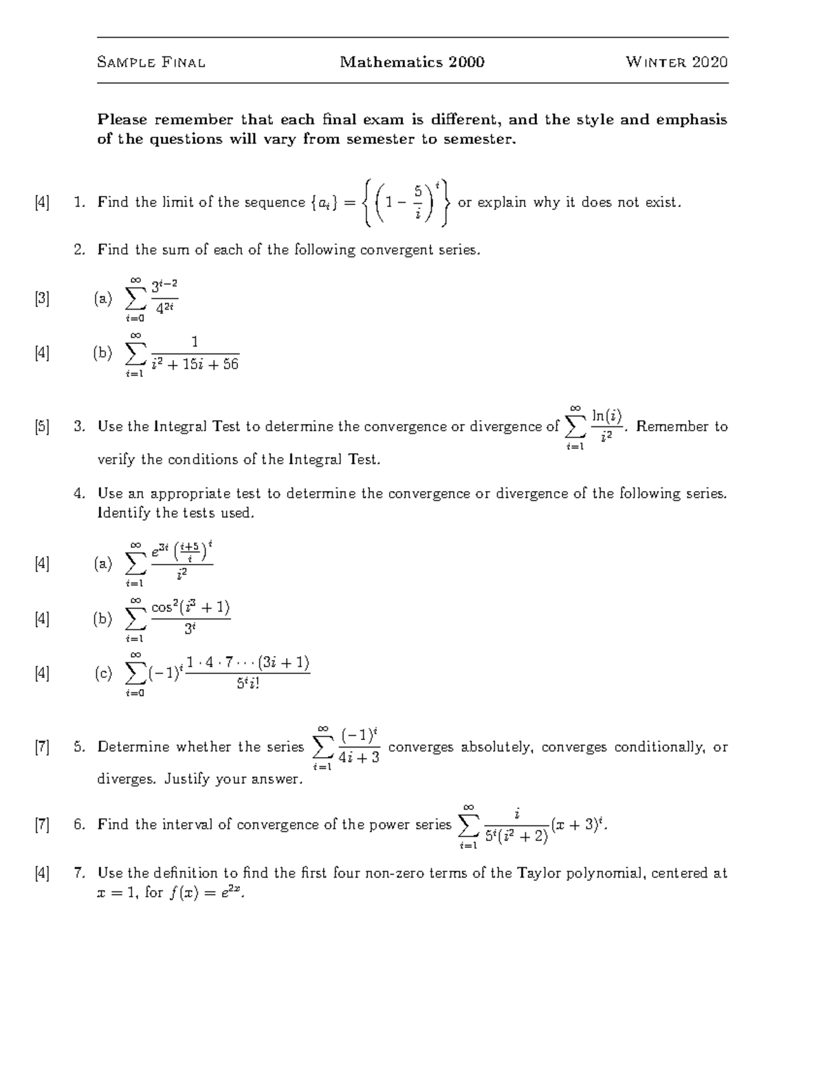 Sample-final - Final sample papers - Sample Final Mathematics 2000 ...