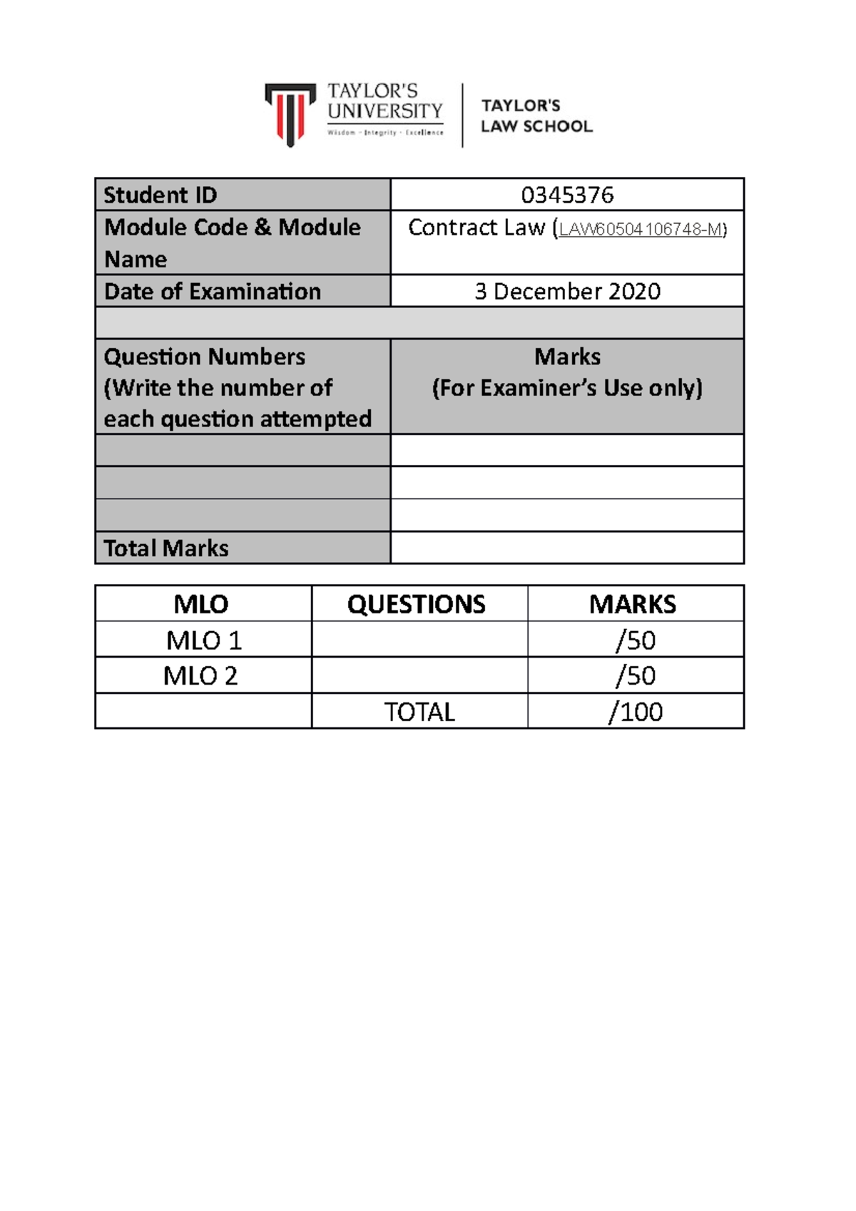 Final Examination Answer Script Template - August 2020 Semester ...