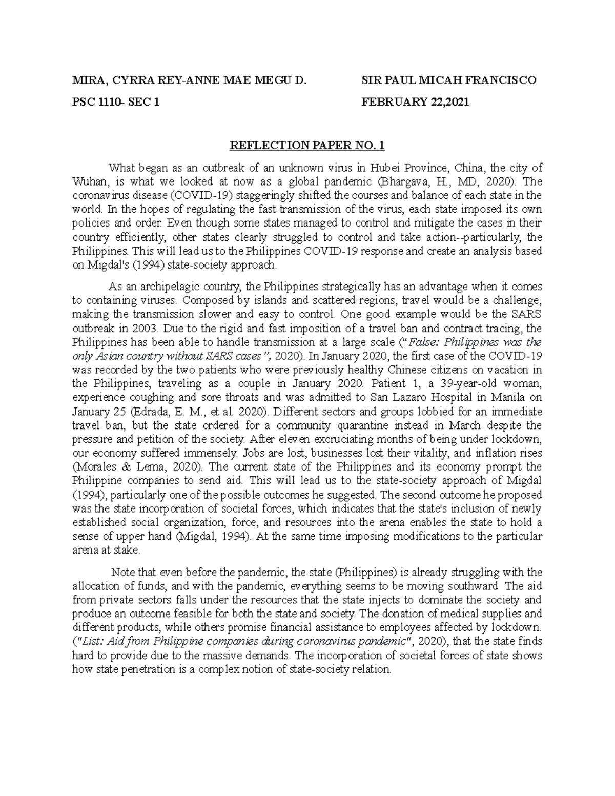 PSC 1110 MIRA Reflection Paper 1 - MIRA, CYRRA REY-ANNE MAE MEGU D. SIR ...