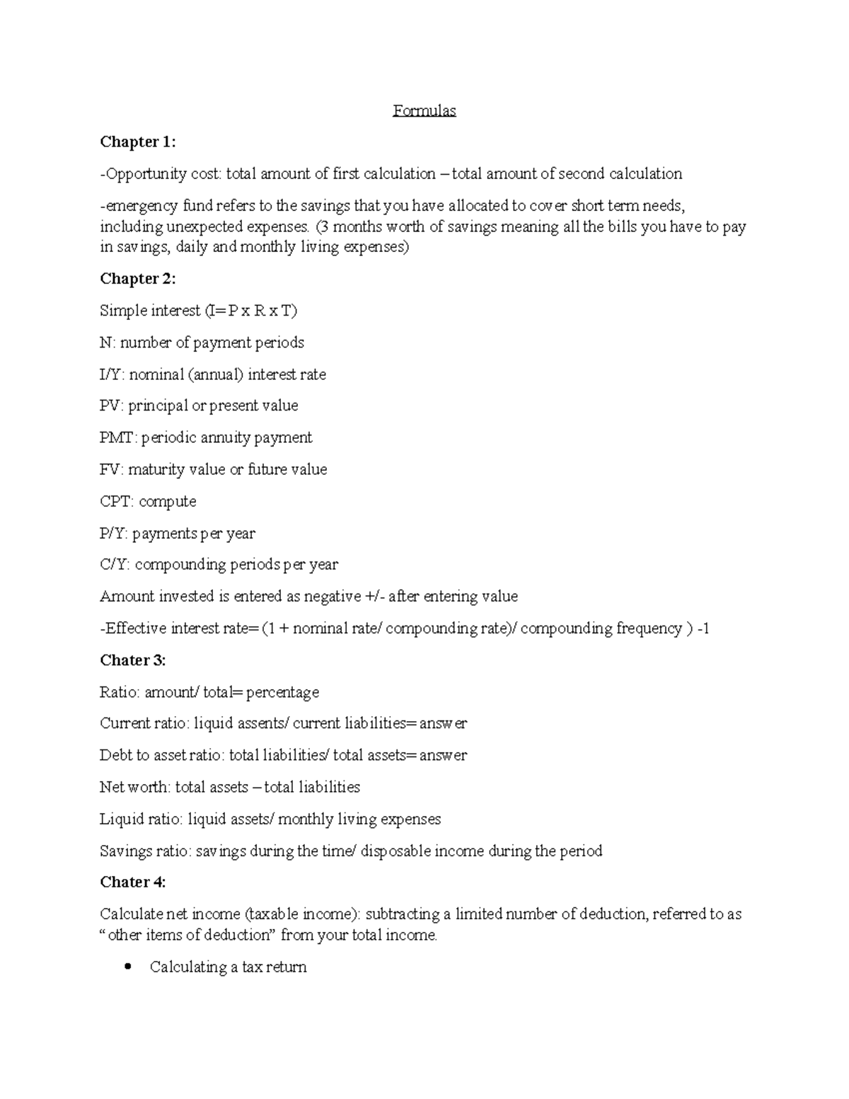 Personal finance notes and formulas - Formulas Chapter 1: -Opportunity ...