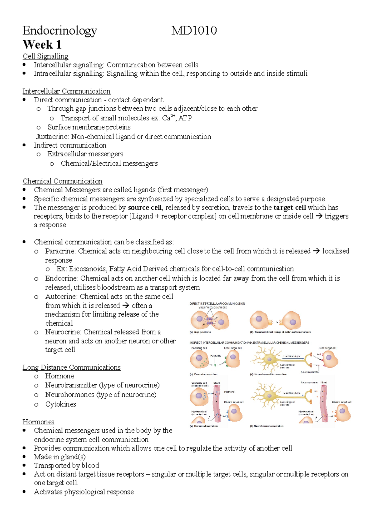 ENDO Notes - Endocrinology MD Week 1 Cell Signalling Intercellular ...