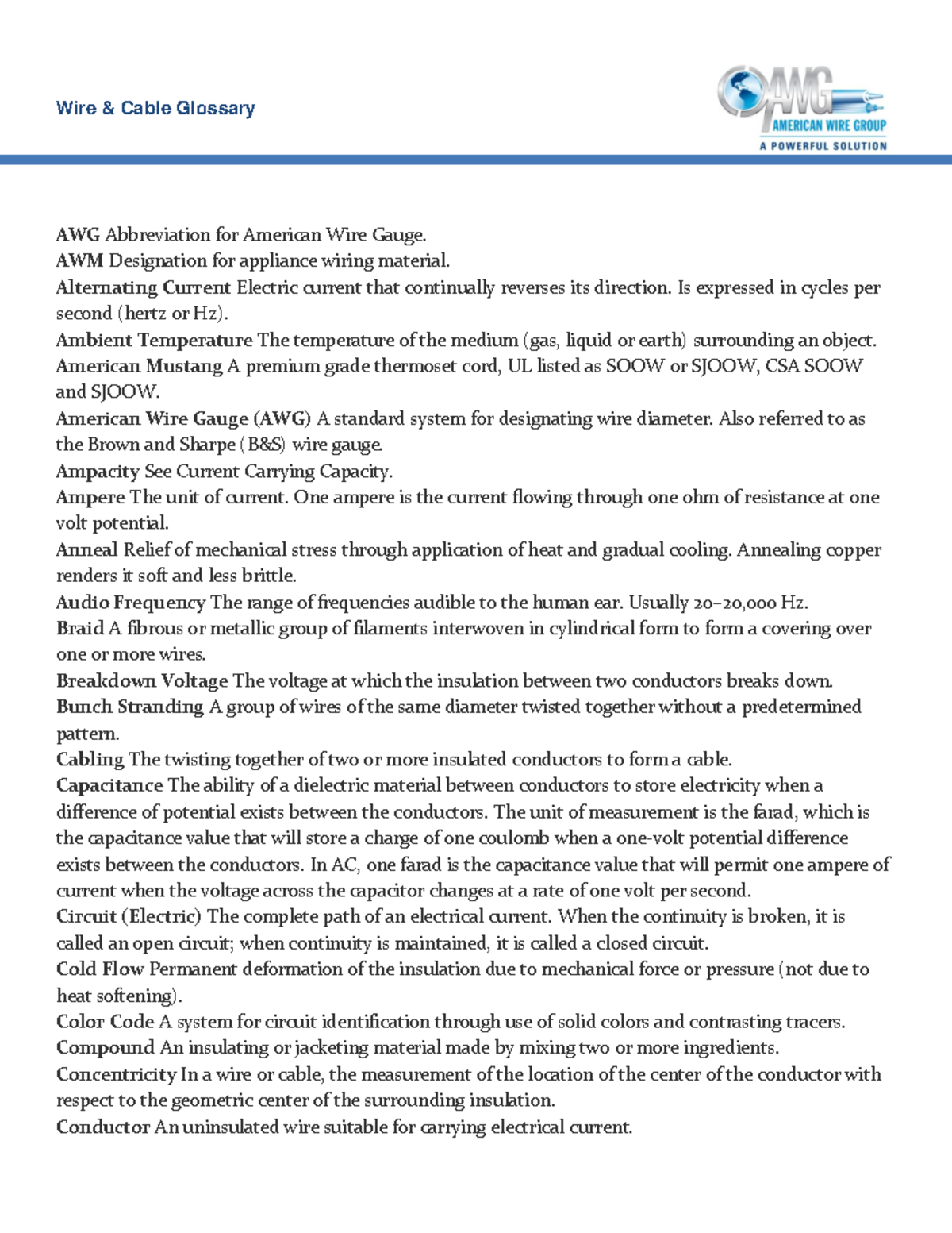 Awg wire cable glossary. For electrical DESIGN AND SAFETY. FOR ...