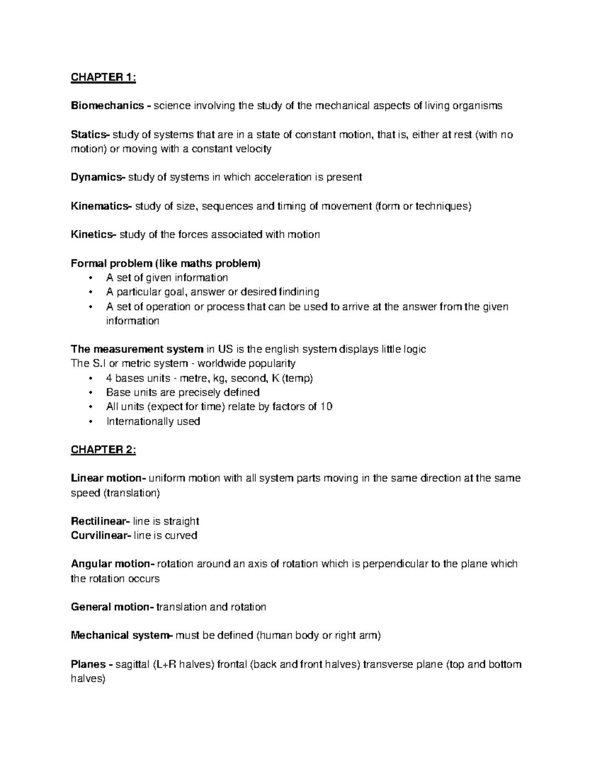 Lec Chapter review 1 notes - CHAPTER 1: Biomechanics - science ...