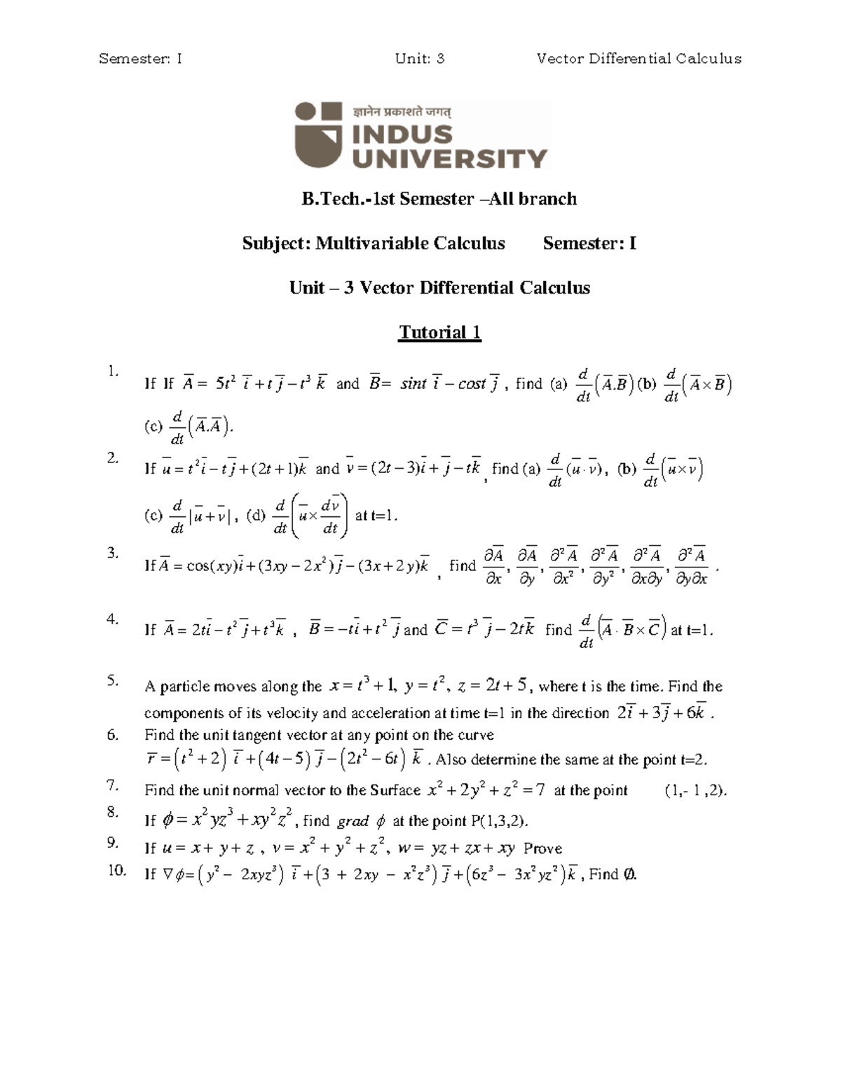 Unit-3-Multivariable Calculus-MA0112-Tutorial-31-08-2023 - Semester: I ...
