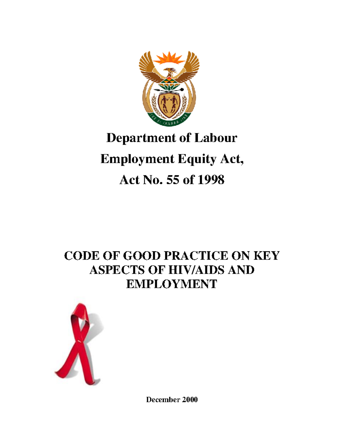 Code of Good Practice on the Key Aspects of HIV and AIDS and employment ...