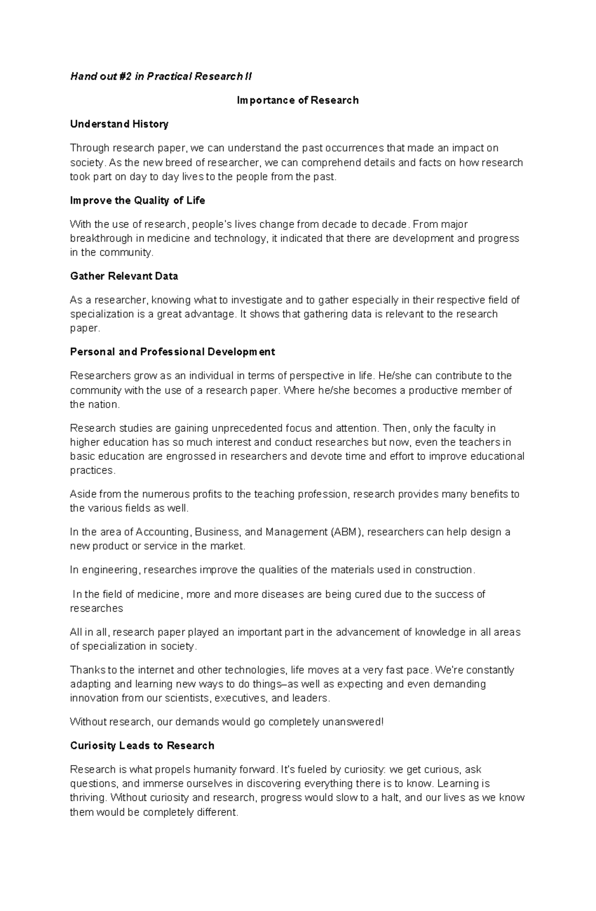 Hand out Number 2 - Hand out #2 in Practical Research II Importance of ...