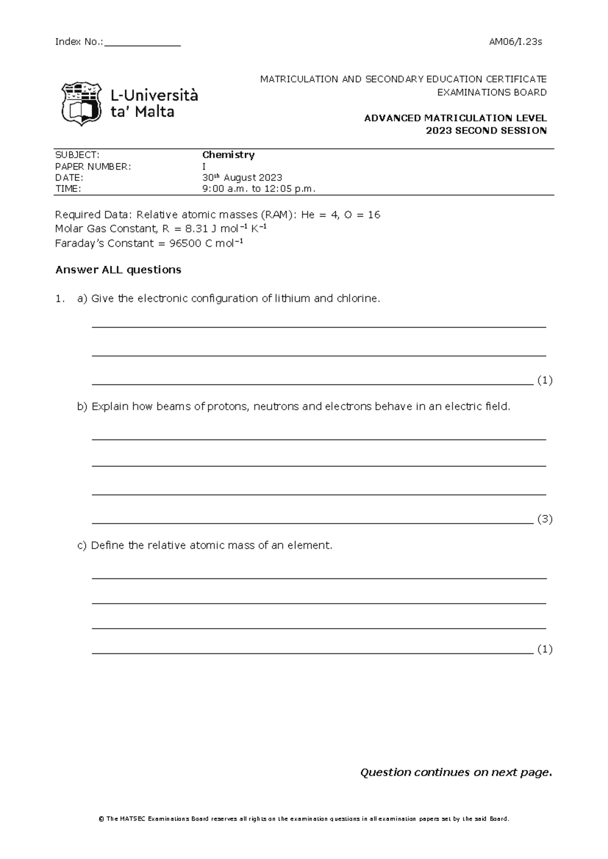 Chemistry September 2023 A level Past Paper - Index No.:_____________ AM 06 /I © The MATSEC ...
