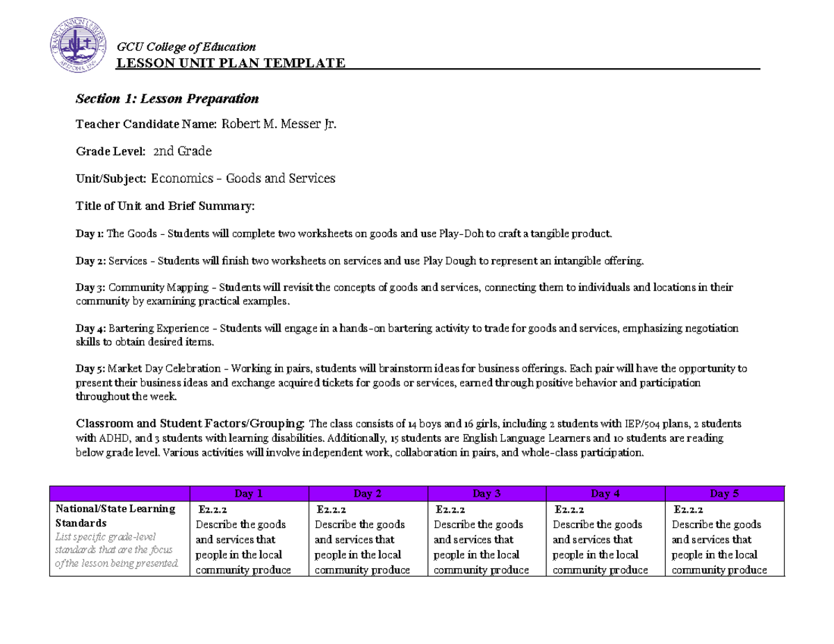 Benchmark - Social Studies and the Arts Unit Plan (Turn-In) - Section 1 ...