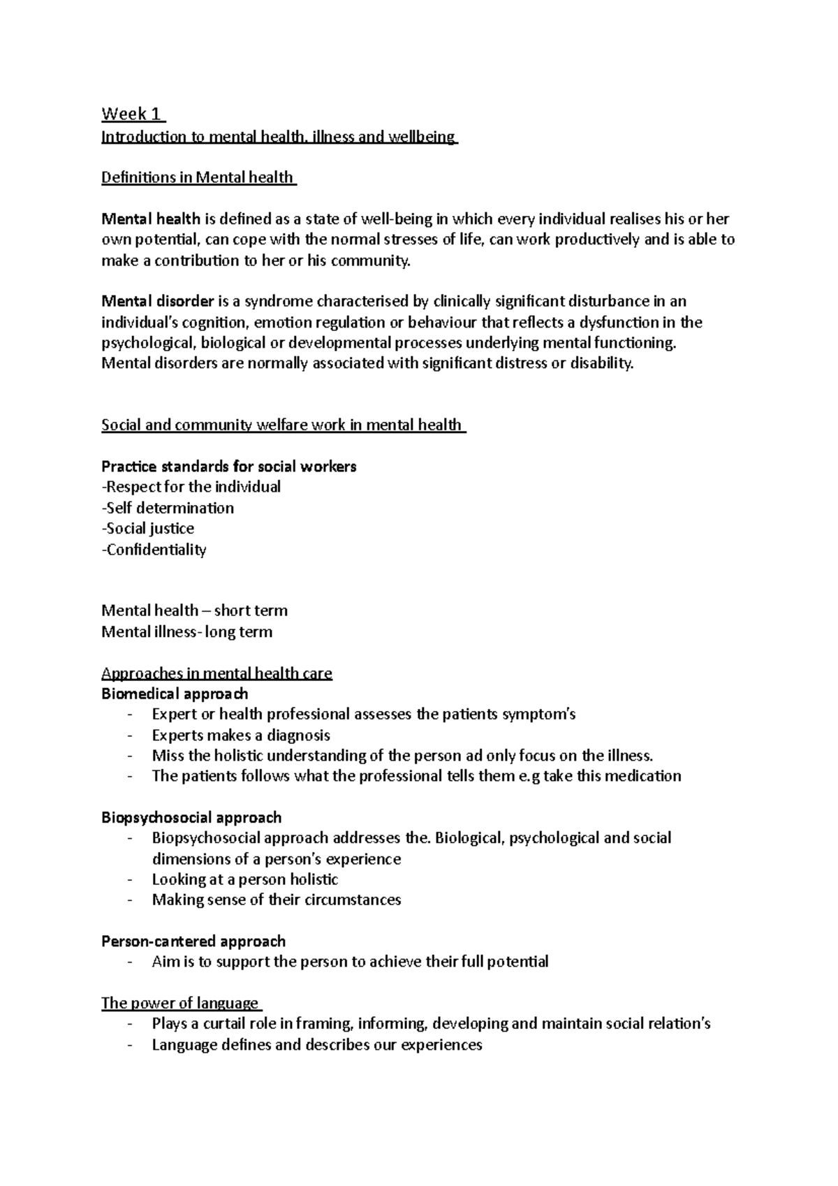 Week 1 Mental Health Lecture Notes 1 Week 1 Introduction To Mental