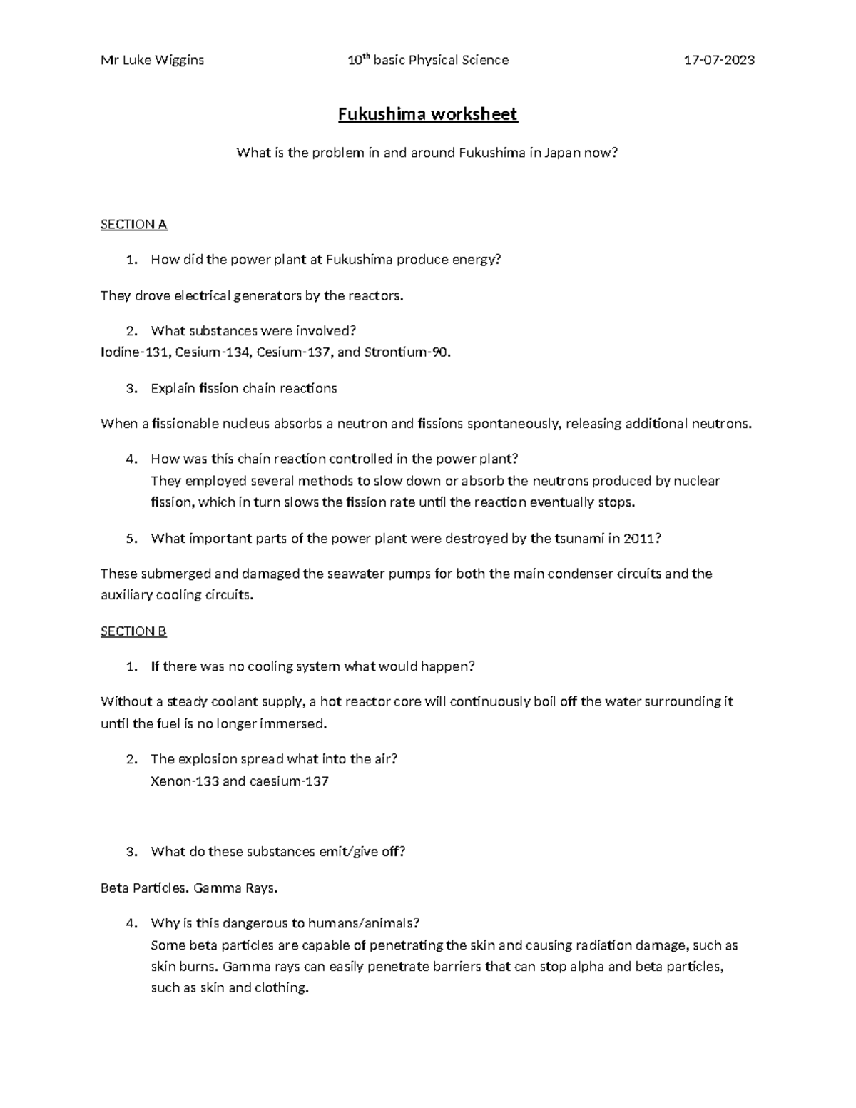Fukushima worksheet - Mr Luke Wiggins 10 th basic Physical Science 17 ...