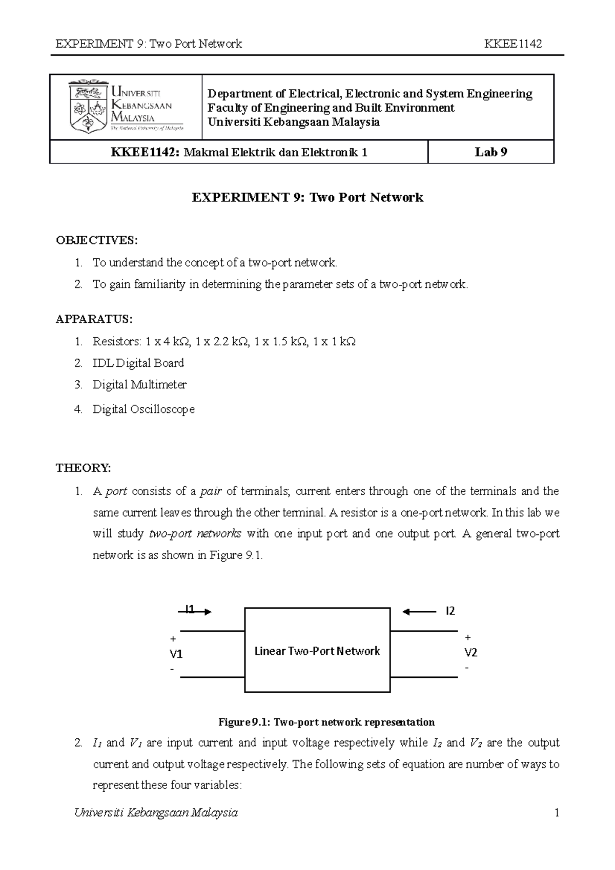 Lab 9 - Two Port Network - 2022 - Linear Two-Port Network I1 I + V - + V - Department of ...
