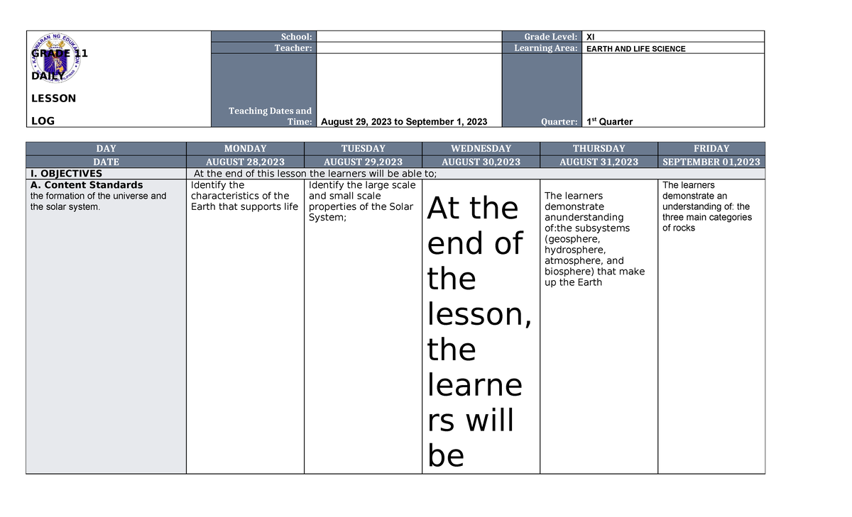 DLL editd - GRADE 11 DAILY LESSON LOG School: Grade Level: XI Teacher ...