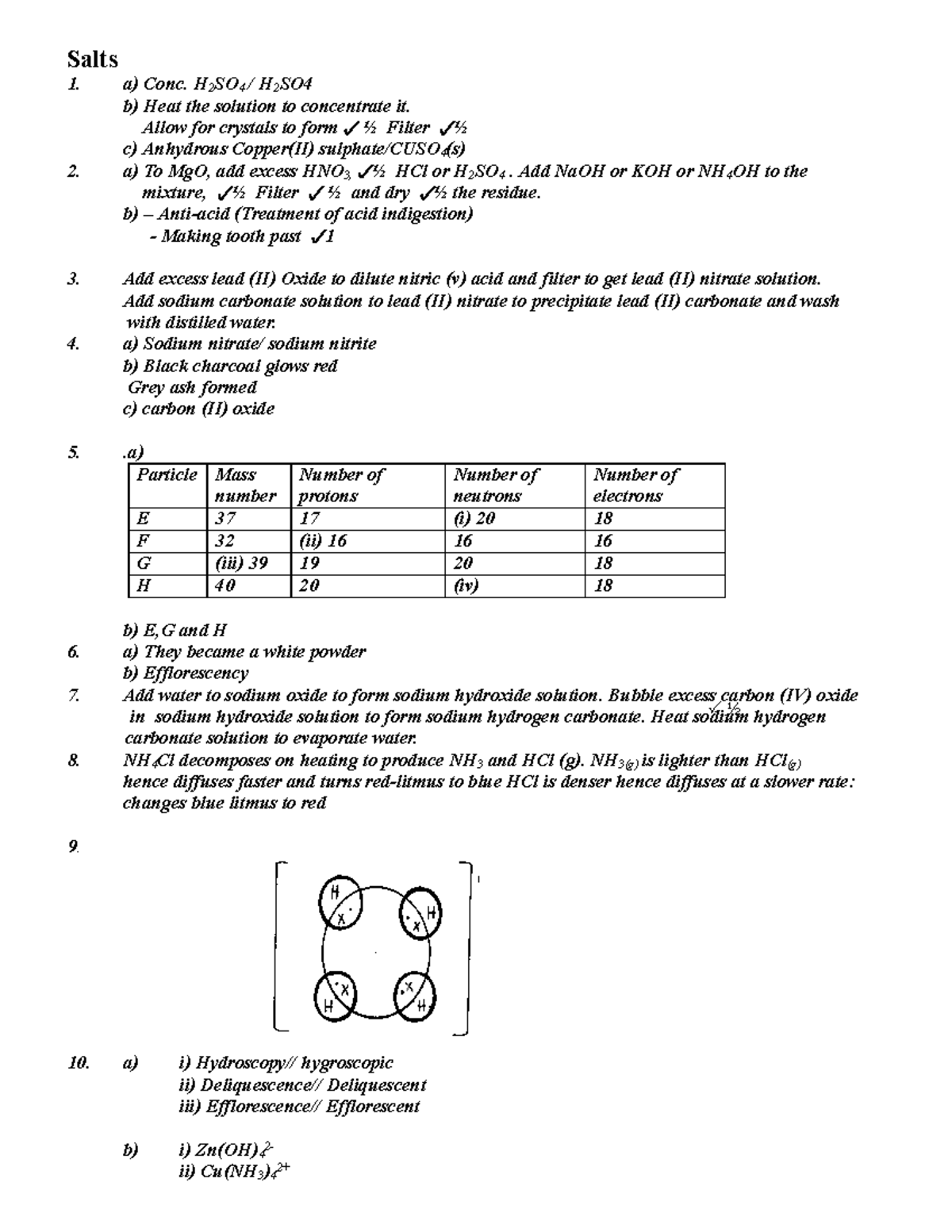 FORM 2 Salts ANS Teacher - Salts 1. a) Conc. H 2 SO 4 / H 2 SO b) Heat ...