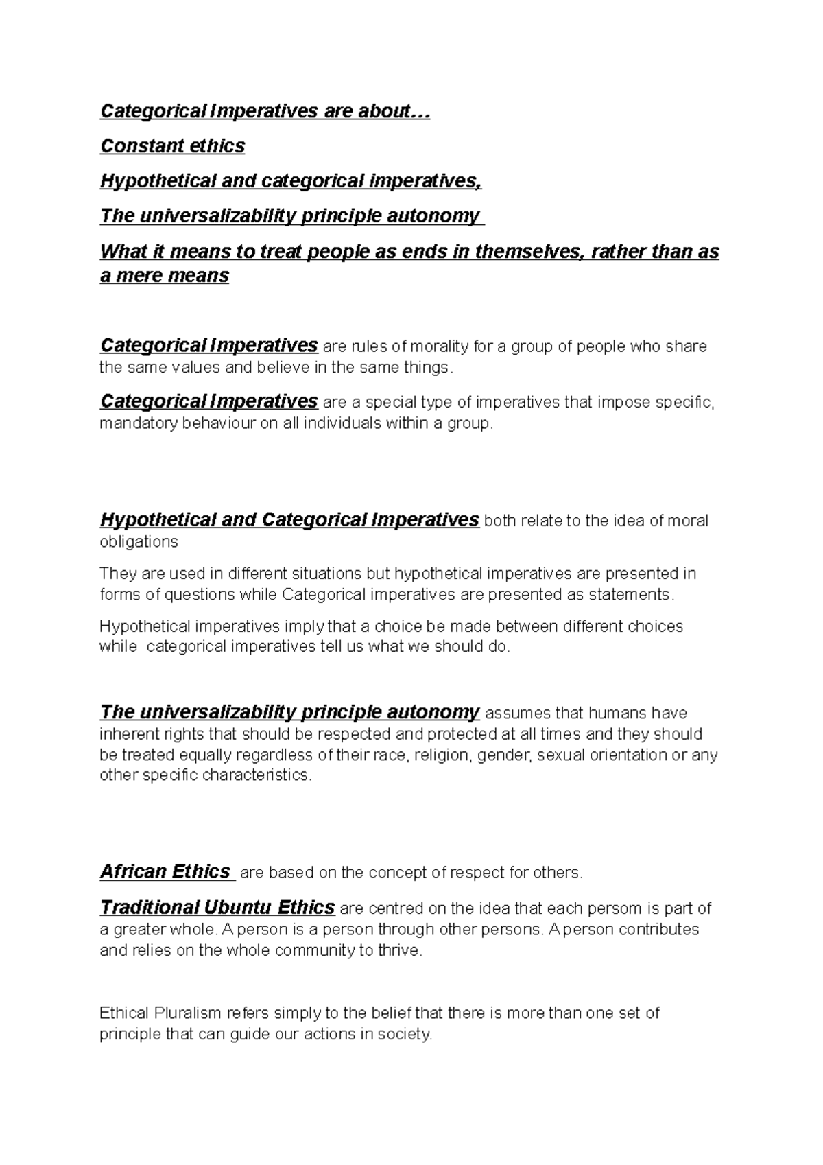 Week 2 - tutorial work - Categorical Imperatives are about... Constant ...