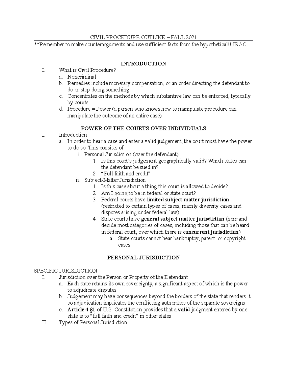 Civil Procedure Outline mentor - CIVIL PROCEDURE OUTLINE – FALL 2021 ...