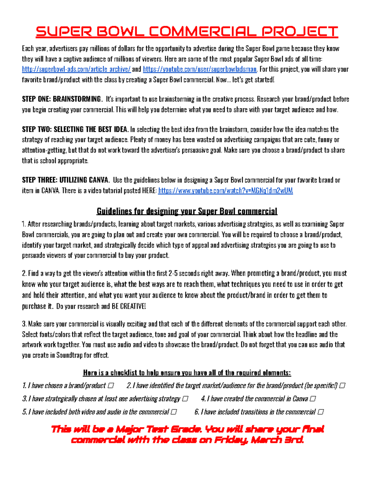 Super BOWL Commercial Project - Outline - SUPER BOWL COMMERCIAL PROJECT ...
