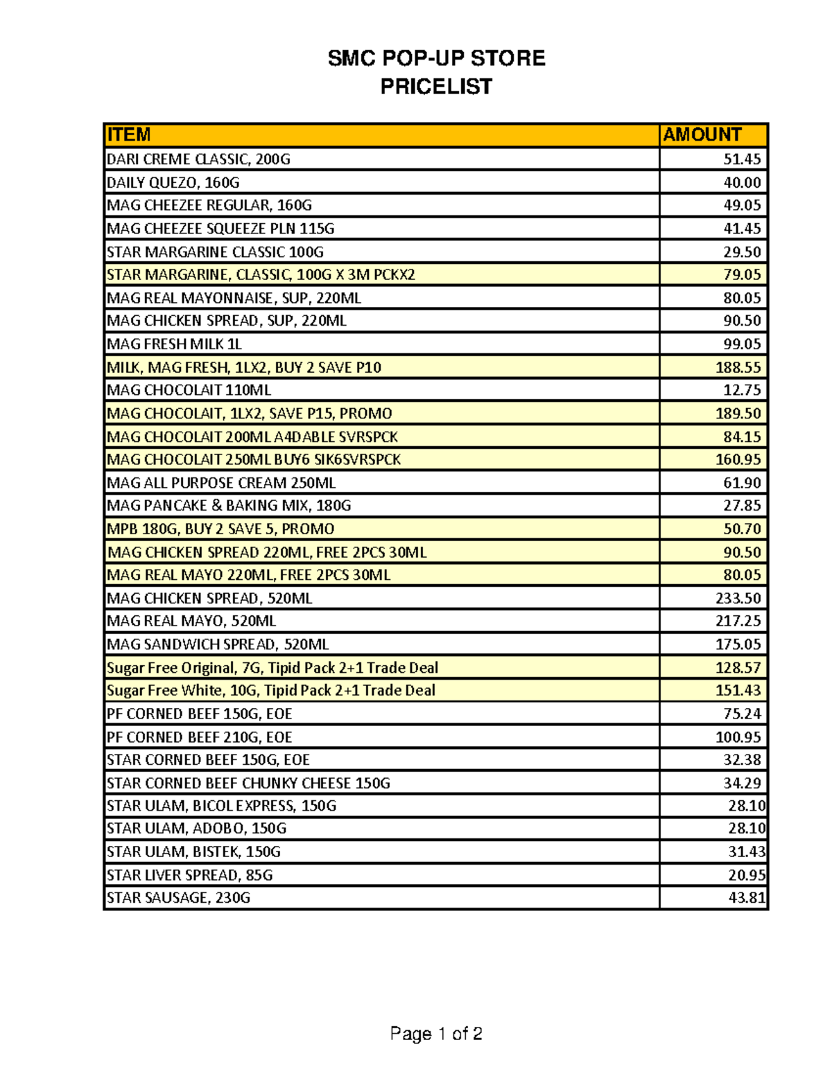 SMC Prices - ITEM AMOUNT DAILY QUEZO, 160G 40. PRICELIST DARI CREME ...