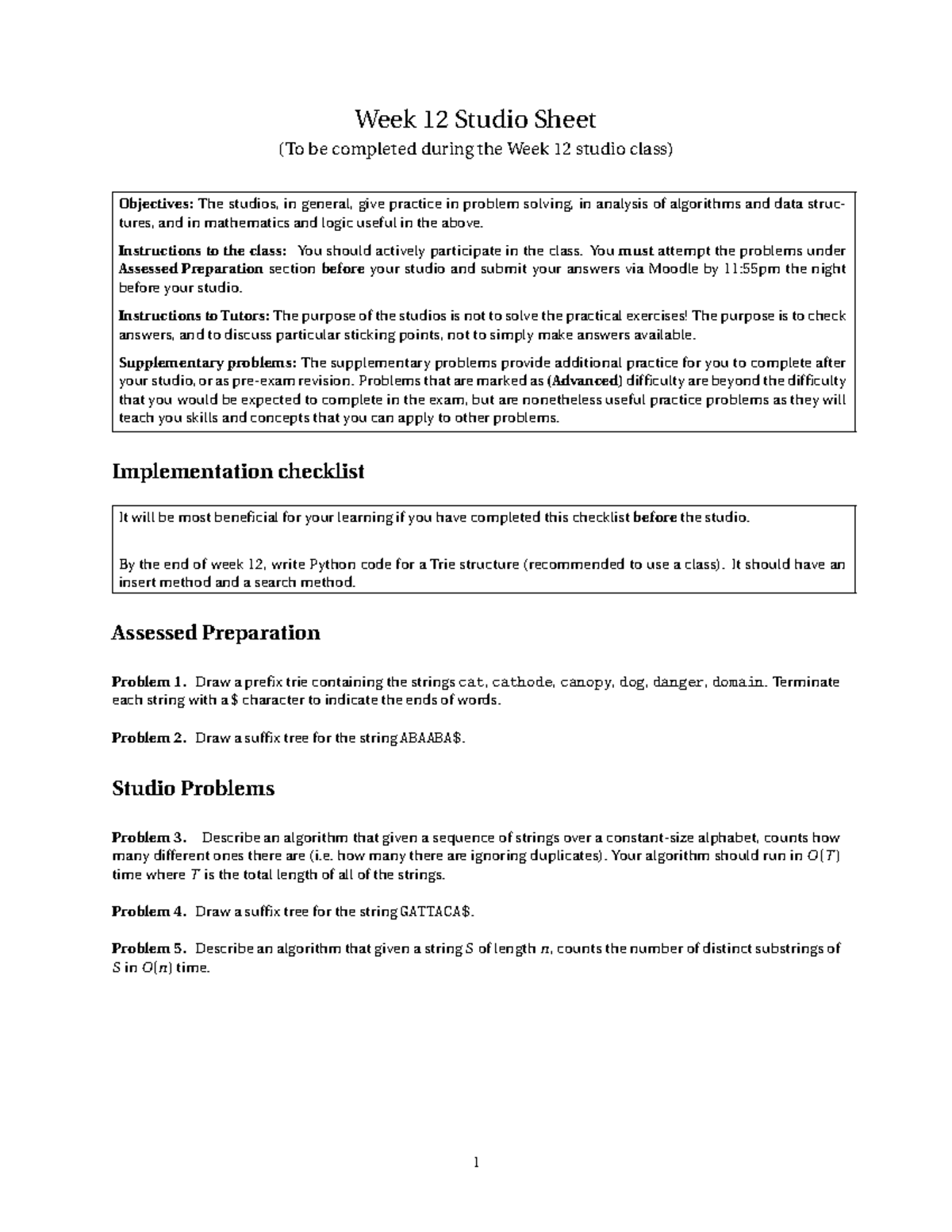 Week12-problems - Tutorial question - Week 12 Studio Sheet (To be completed during the Week 12 ...