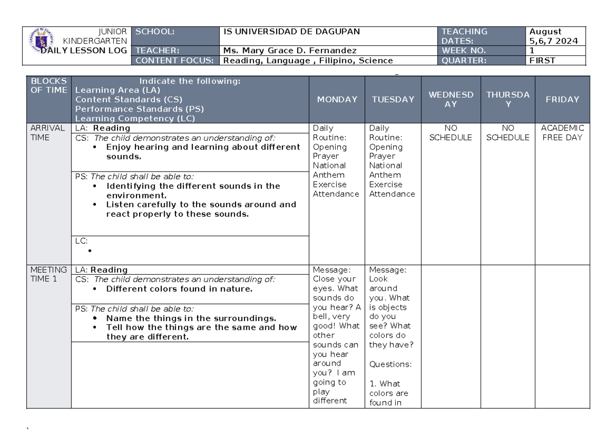 Dll Q1 W1 MTW - N/A - JUNIOR KINDERGARTEN DAILY LESSON LOG SCHOOL: IS UNIVERSIDAD DE DAGUPAN ...