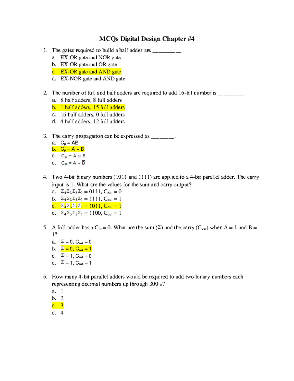 MCQs Chapter 4 Multiple Choice Questions For Combinational Logic