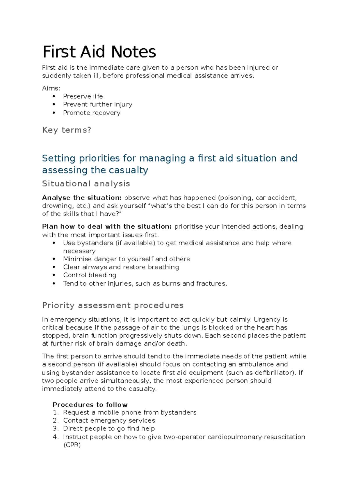 First aid module notes - First Aid Notes First aid is the immediate ...