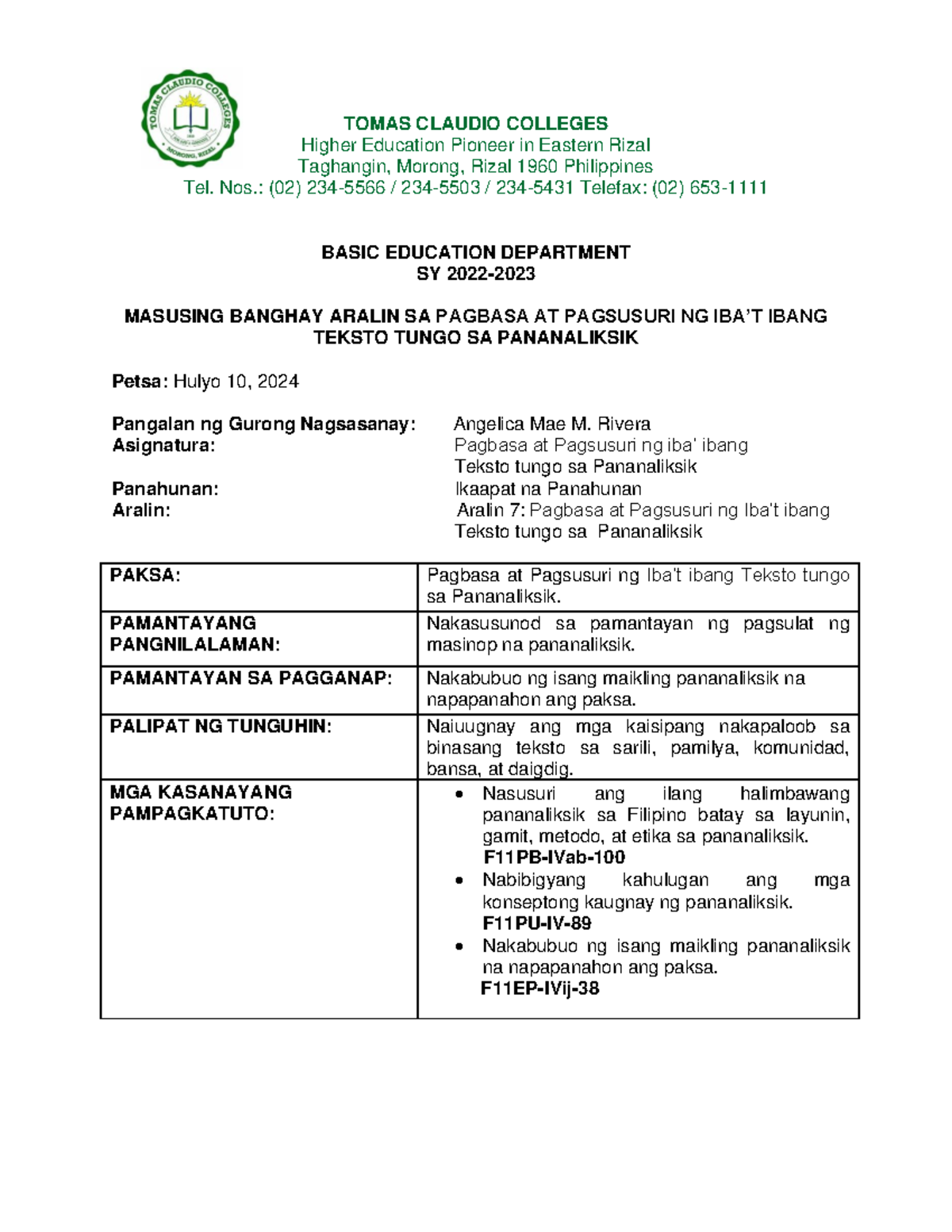 Final DEMO Tekstong Argumentatibo (apply) - TOMAS CLAUDIO COLLEGES ...