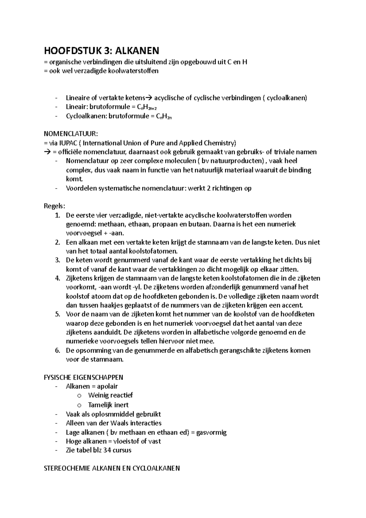 Hoofdstuk 3 - HOOFDSTUK 3: ALKANEN = organische verbindingen die ...
