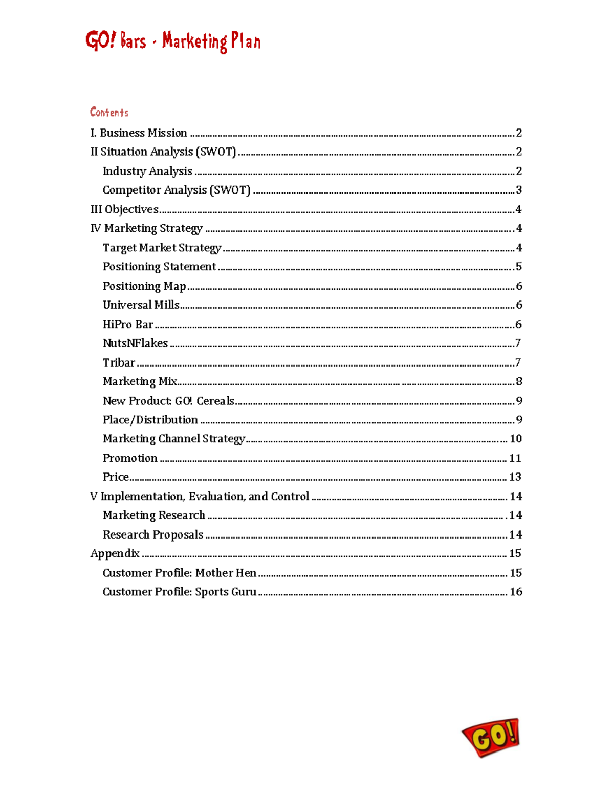 Go bars marketing plan - Bar plan - Cont ents I. Business Mission II ...