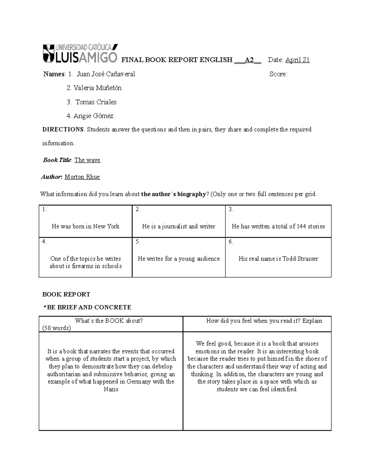 libro de español - FINAL BOOK REPORT ENGLISH _A2 Date: April 21 Names ...