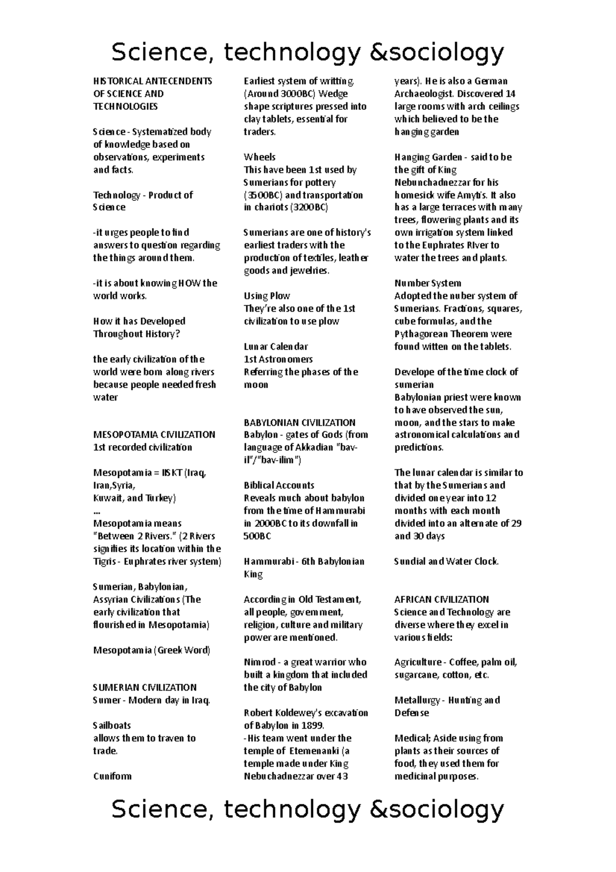 STa S - HISTORICAL ANTECENDENTS OF SCIENCE AND TECHNOLOGIES Science ...