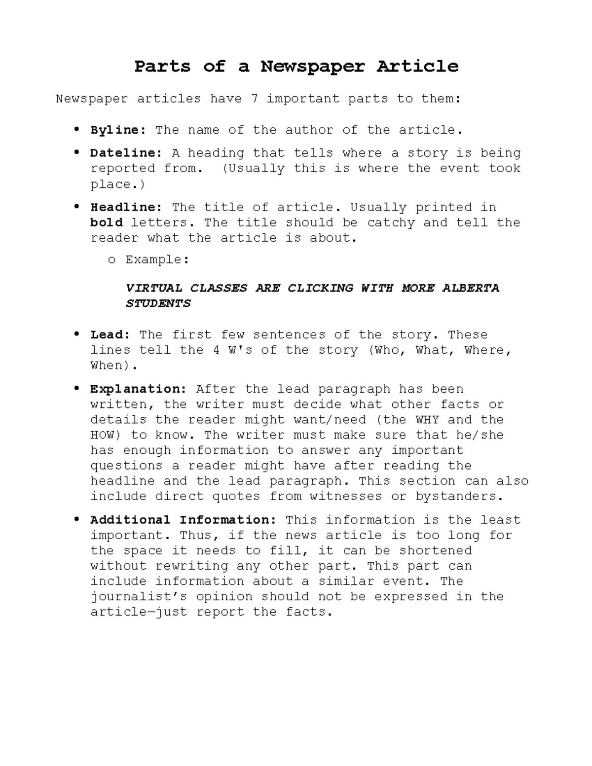 Parts of a Newspaper Article - Parts of a Newspaper Article Newspaper ...